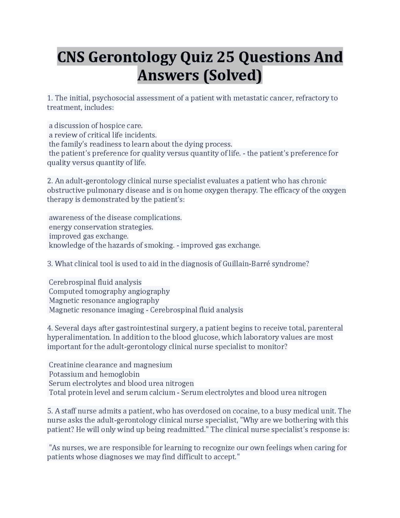 CNS Gerontology Quiz 25 Questions And Answers (Solved) | Exams Health ...