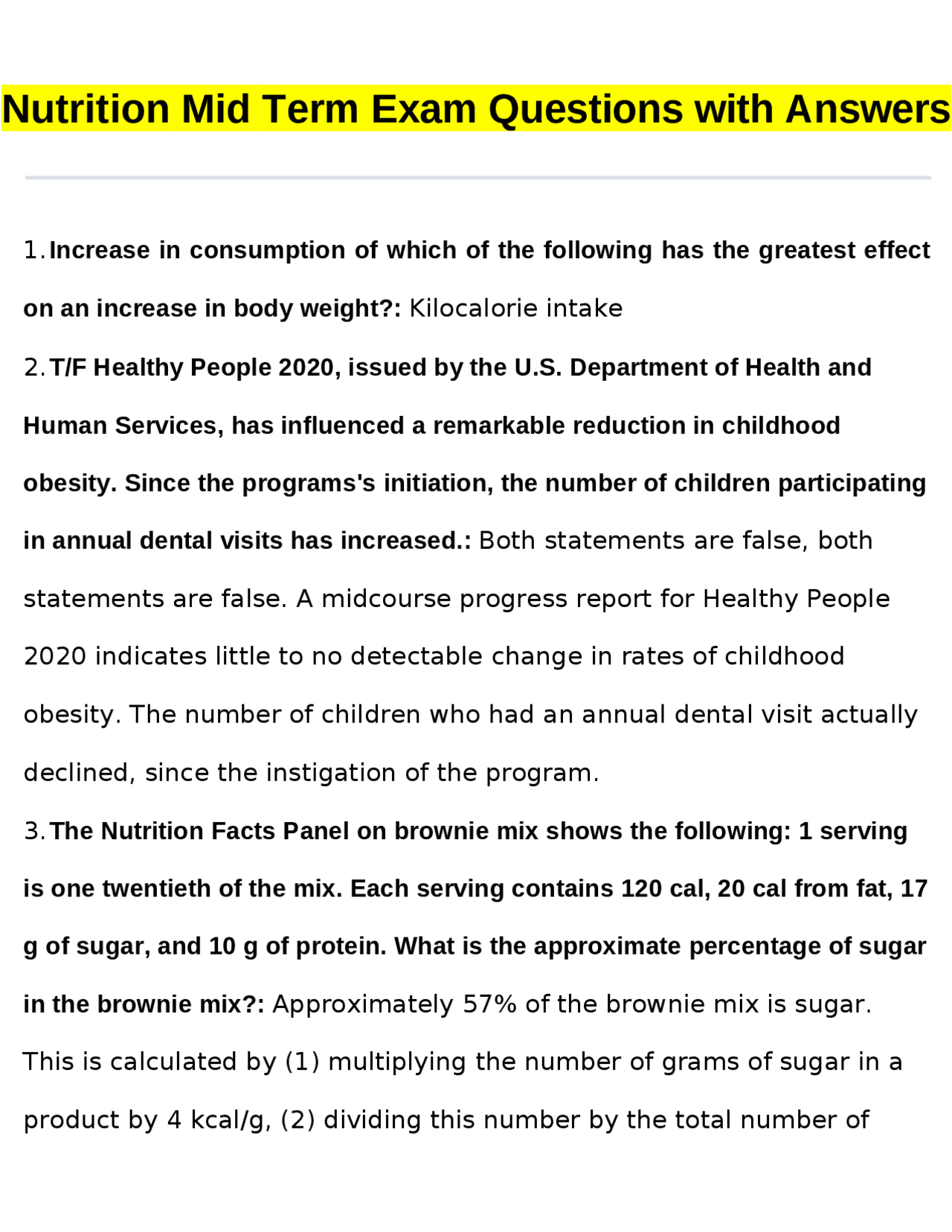 Nutrition Midterm Exam Questions and Answers | Exams Nutrition | Docsity