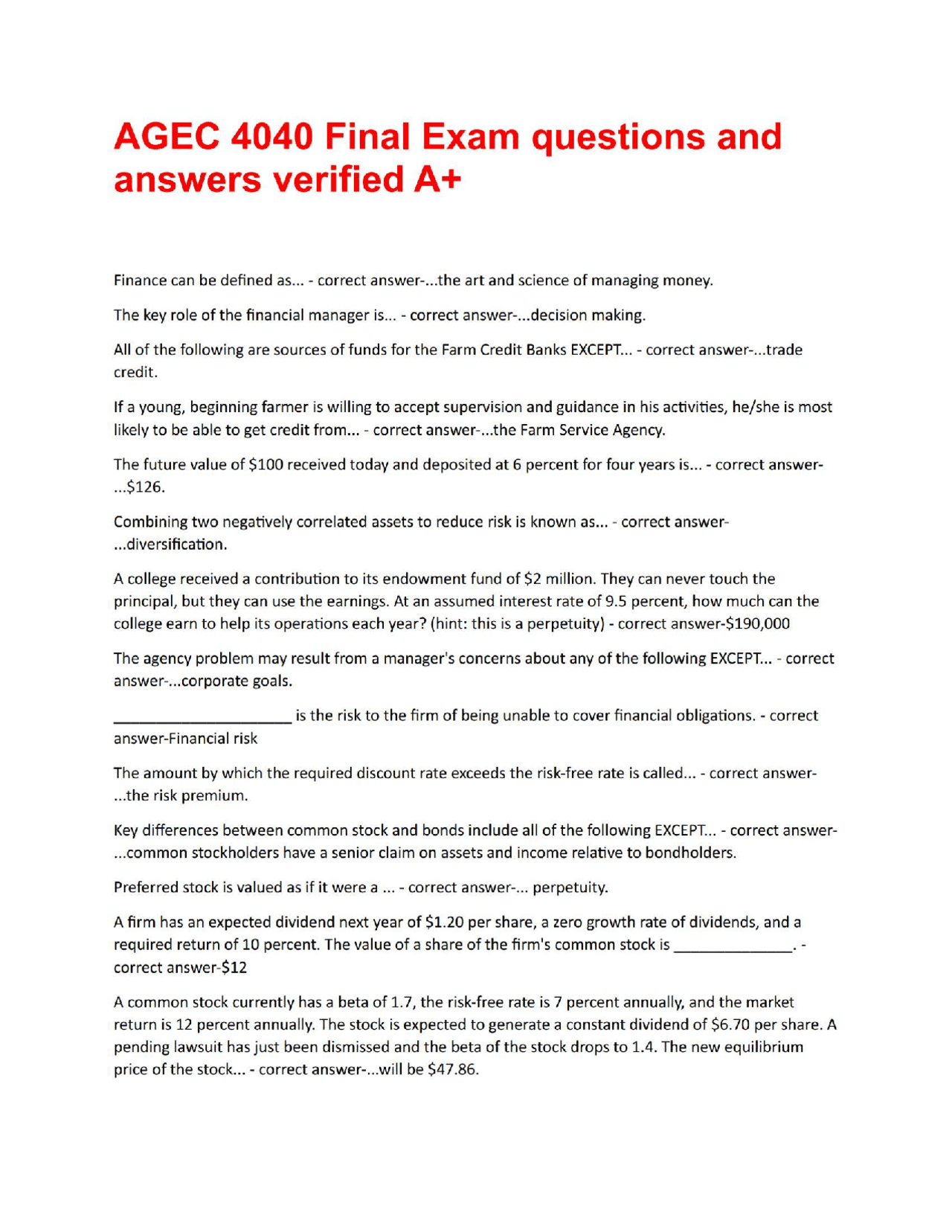 AGEC 4040 Final Exam questions and answers verified A.pdf | Exams ...