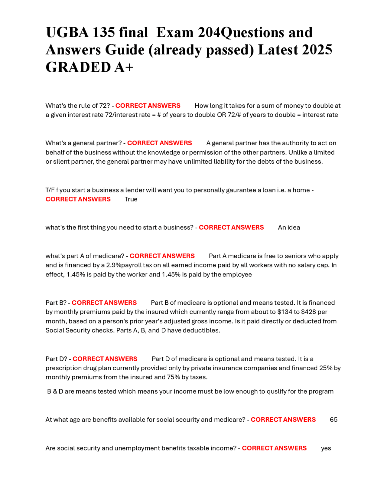 UGBA 135 Final Exam Questions and Answers Guide | Exams Nursing | Docsity