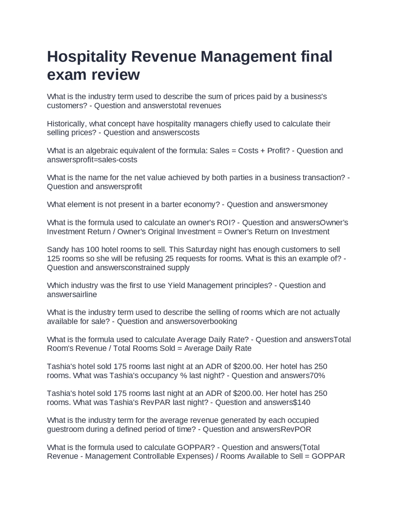 Hospitality Revenue Management Final Exam Review: Questions and Answers ...