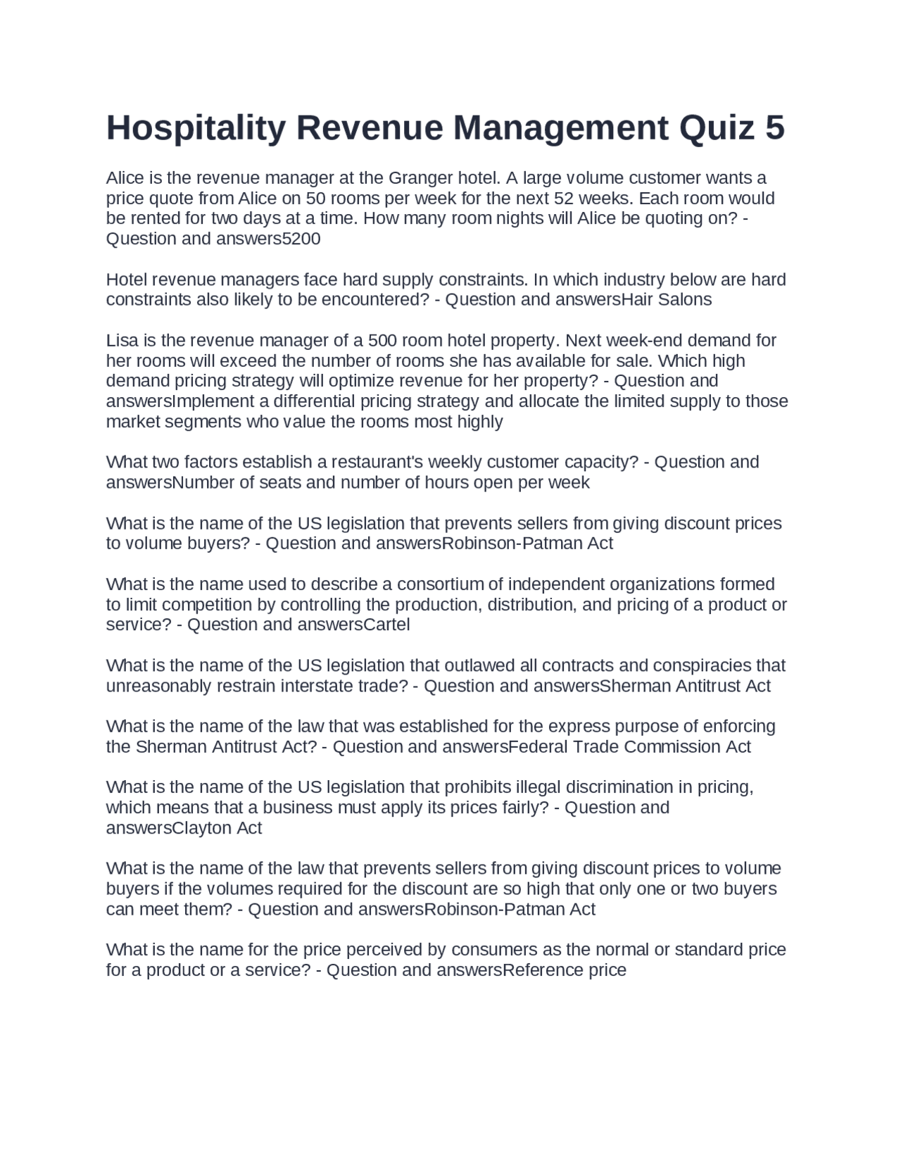 Hospitality Revenue Management Quiz: Multiple Choice Questions and ...