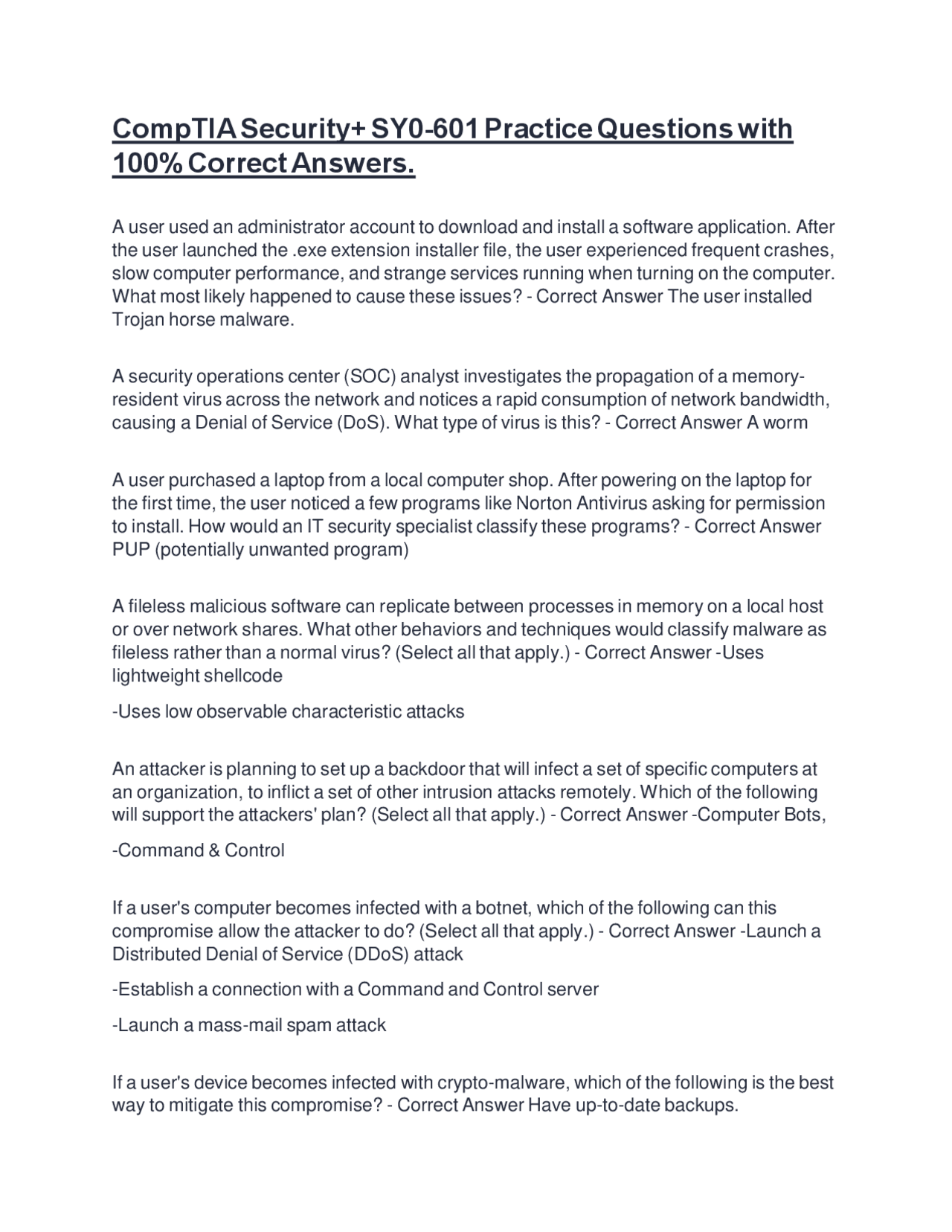 CompTIA Security+ SY0-601 Practice Questions with 100% Correct Answers ...