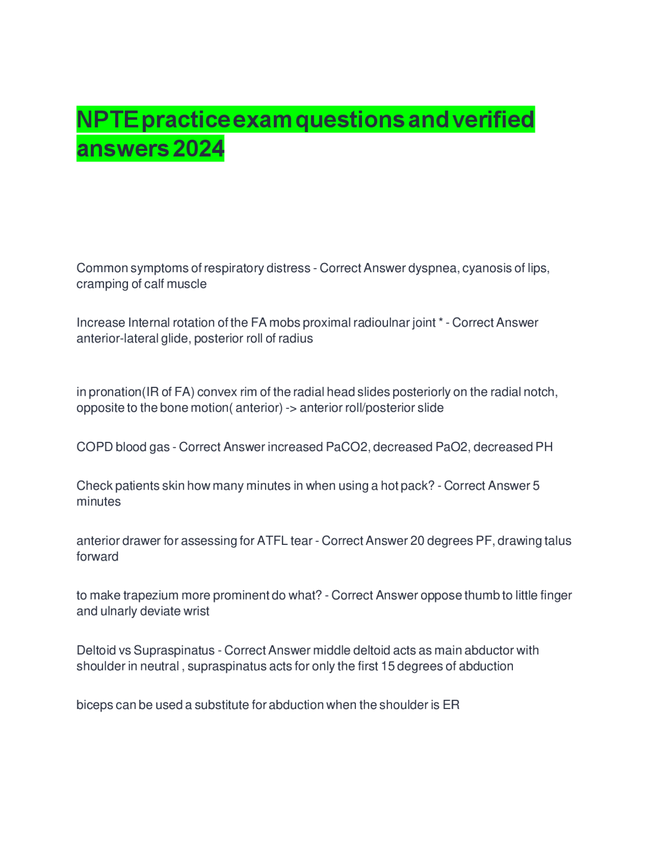 NPTE Practice Exam Questions and Answers 2024 | Exams Medicine | Docsity