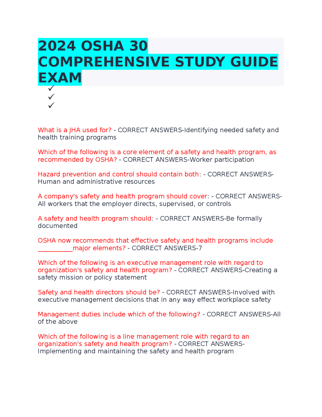 OSHA 30 Comprehensive Study Guide Exam: Safety and Health Program ...