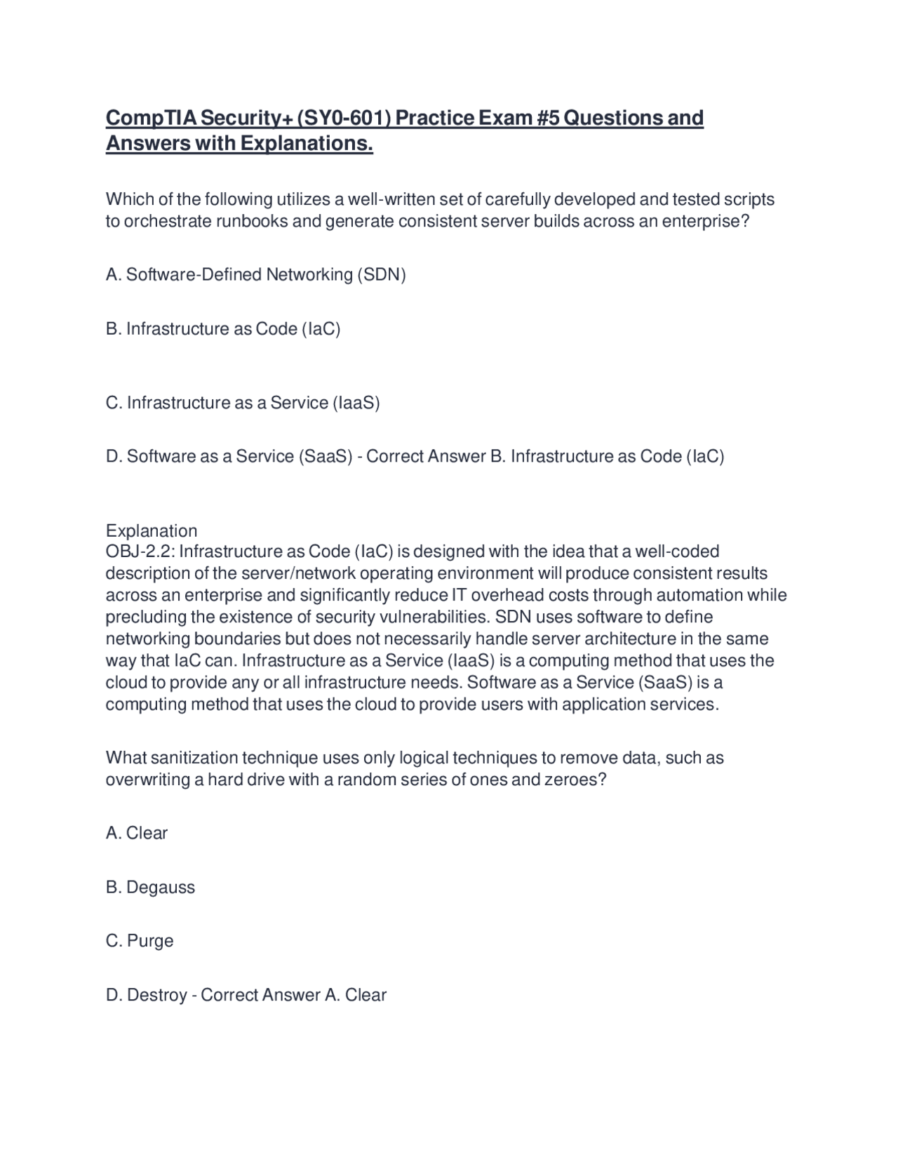 CompTIA Security+ (SY0-601) Practice Exam #5 Questions and Answers with Explanations. | Exams ...
