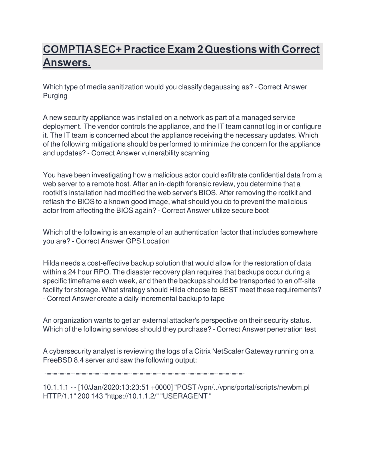 COMPTIA SEC+ Practice Exam 2 Questions and Answers | Exams Securities ...