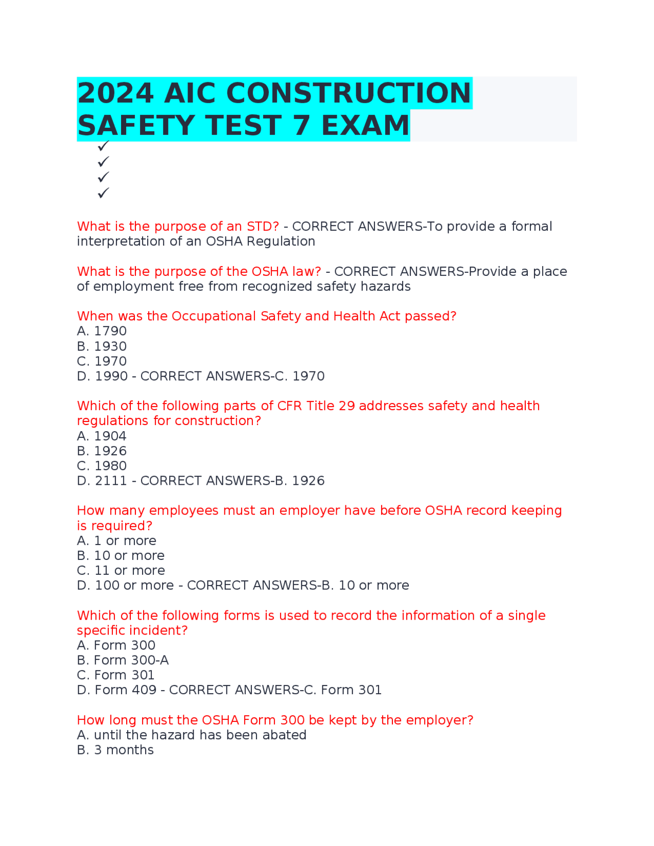 OSHA Safety Test 7 Exam: Construction Safety and Health Regulations ...