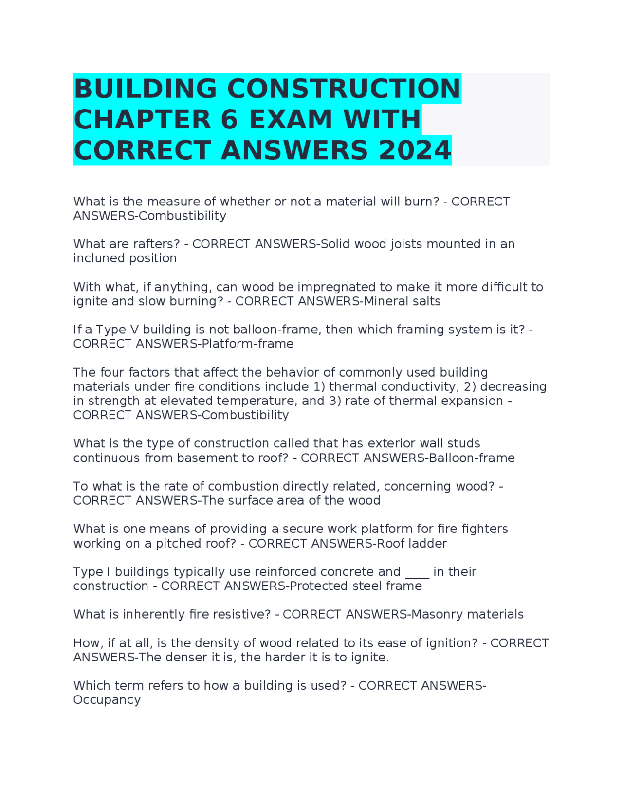 BUILDING CONSTRUCTION CHAPTER 6 EXAM WITH CORRECT ANSWERS 2024 | Exams Advanced Education | Docsity