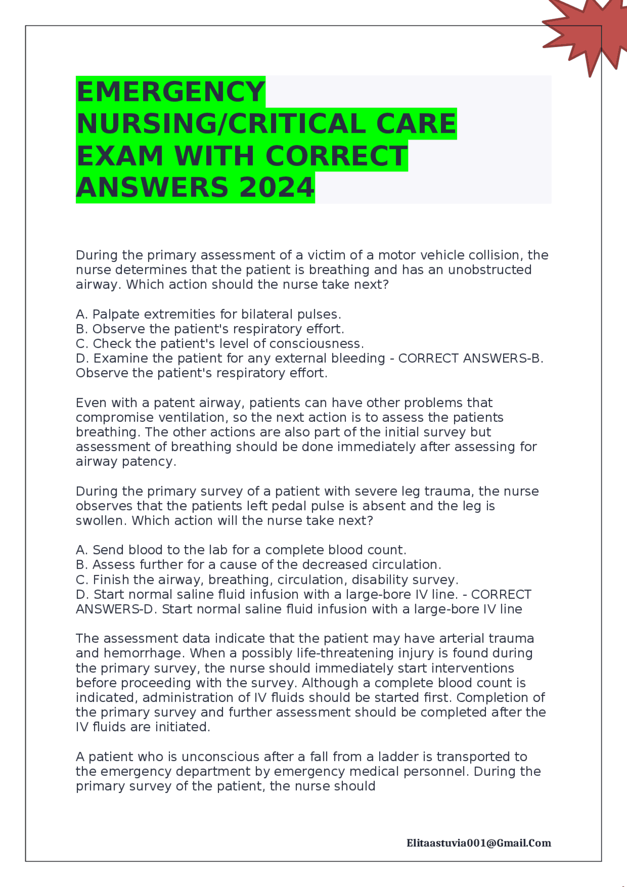Emergency Nursing/Critical Care Exam with Correct Answers 2024 | Exams ...
