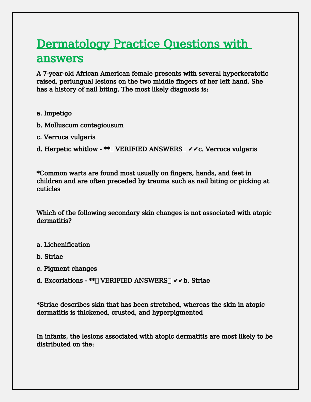 Dermatology Practice Questions with Answers | Exams Nursing | Docsity