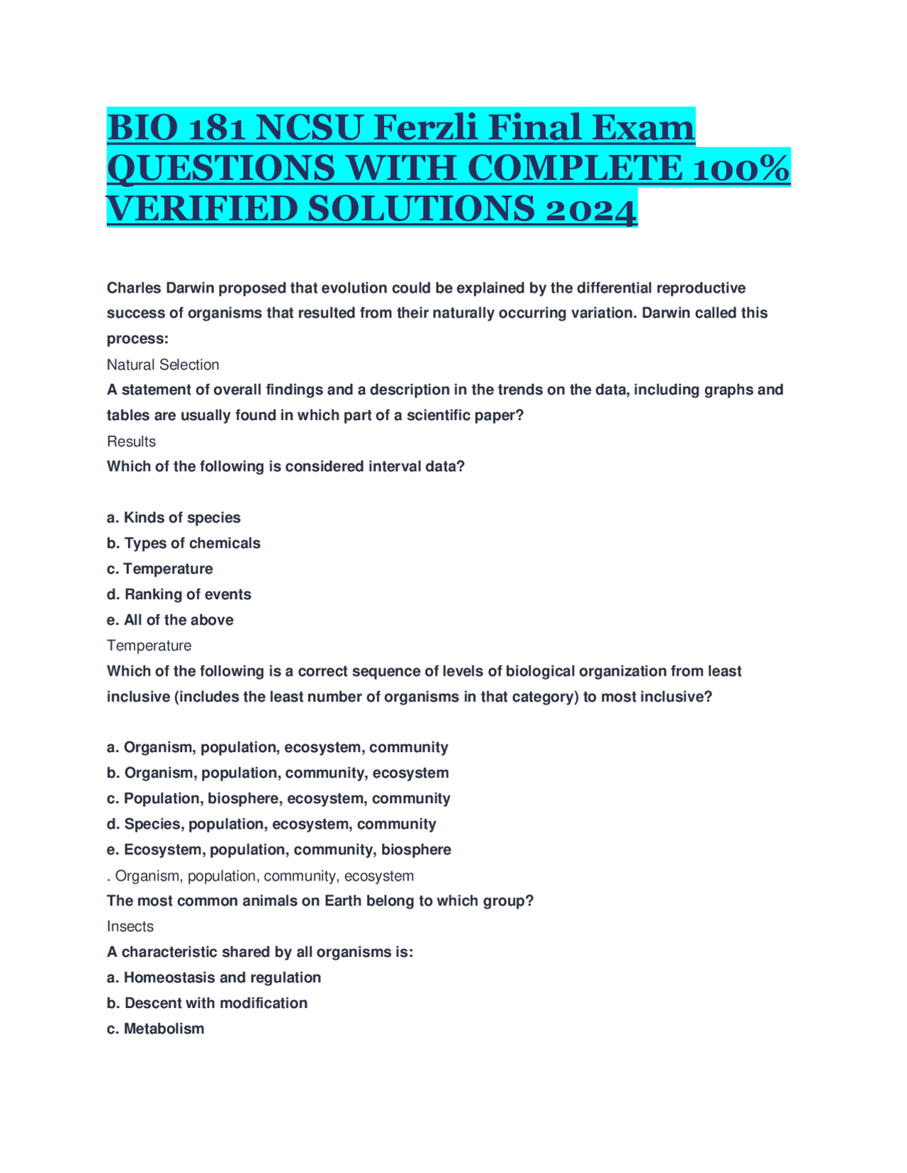 BIO 181 NCSU Ferzli Final Exam: Multiple Choice Questions with ...