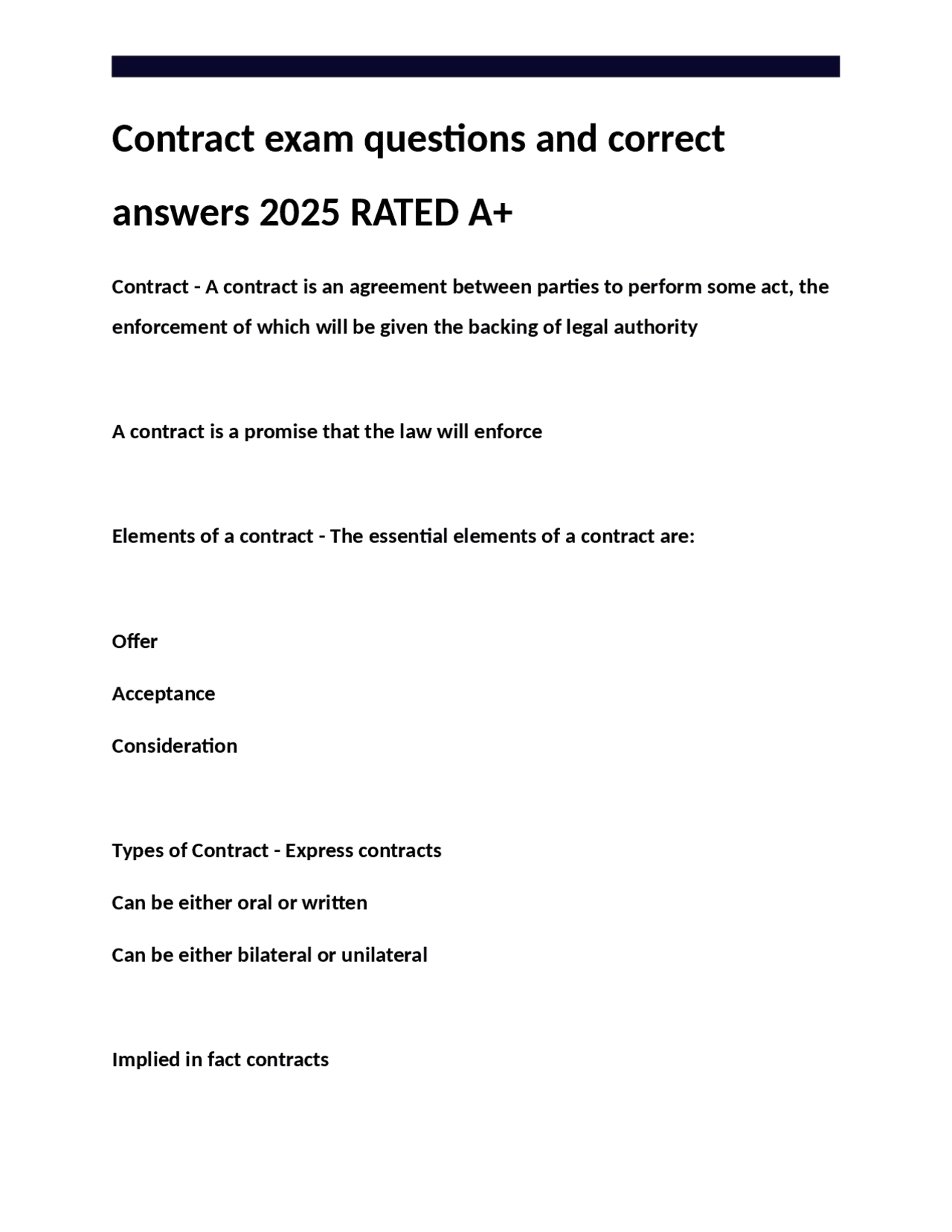 Contract Law Exam Questions and Answers | Exams Nursing | Docsity