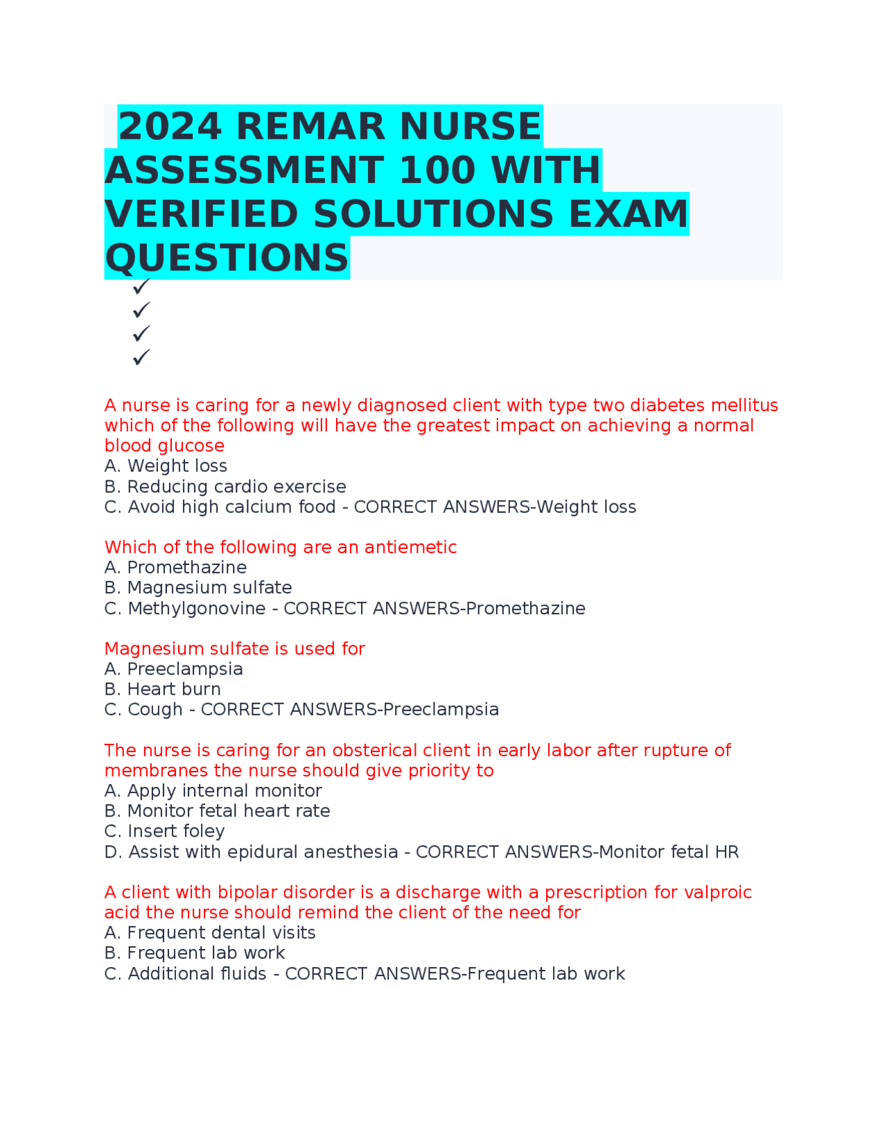 2024 REMAR NURSE ASSESSMENT 100 WITH VERIFIED SOLUTIONS EXAM QUESTIONS ...