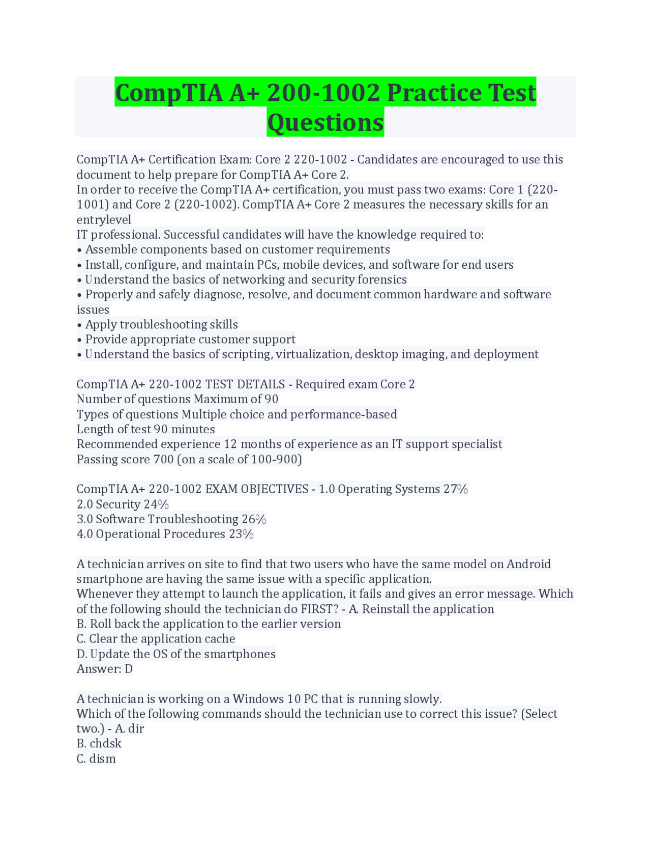 CompTIA A+ 200-1002 Practice Test Questions And Answers | Exams ...