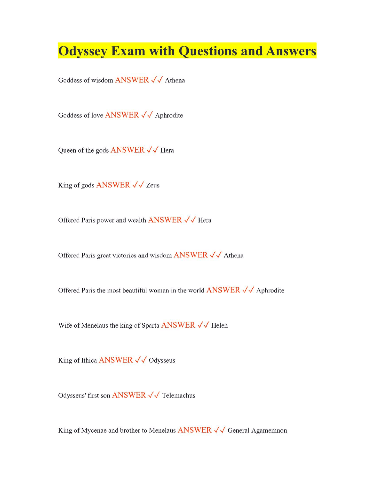 Odyssey Exam with Questions and Answers | Exams Humanities | Docsity