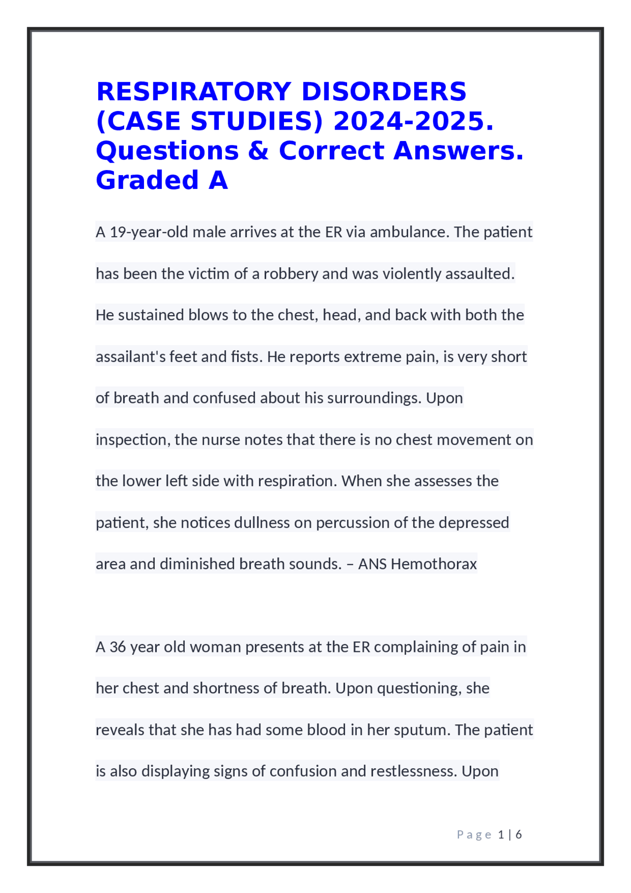 RESPIRATORY DISORDERS (CASE STUDIES) 2024-2025. Questions & Correct ...