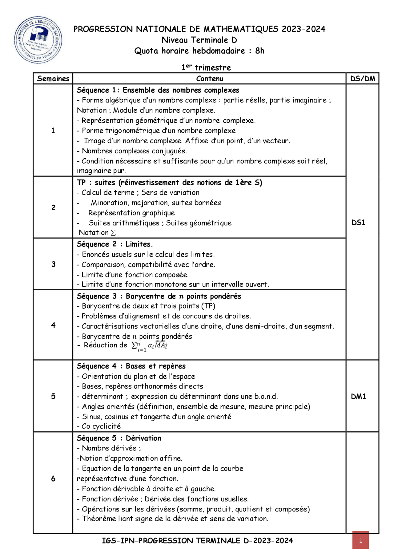 Progression Nationale de Mathématiques 2023-2024: Un Programme Complet pour la Terminale D ...
