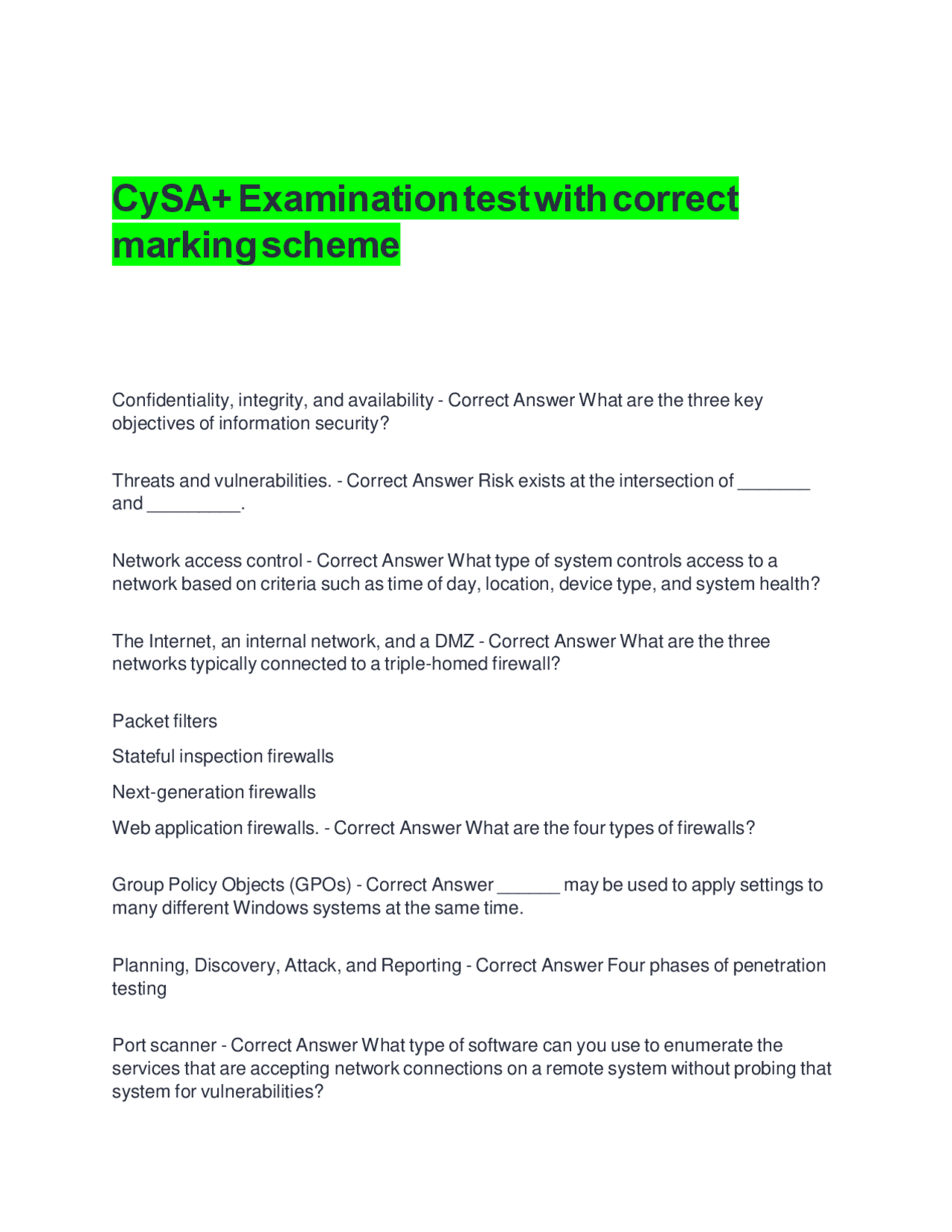 CySA+ Examination test with correct marking scheme | Exams Computer ...