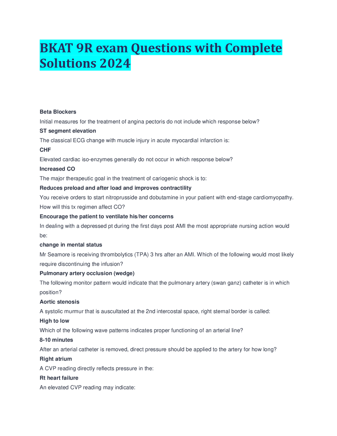 BKAT 9R Exam: Beta Blockers & Cardiovascular Nursing (Solutions 2024 ...
