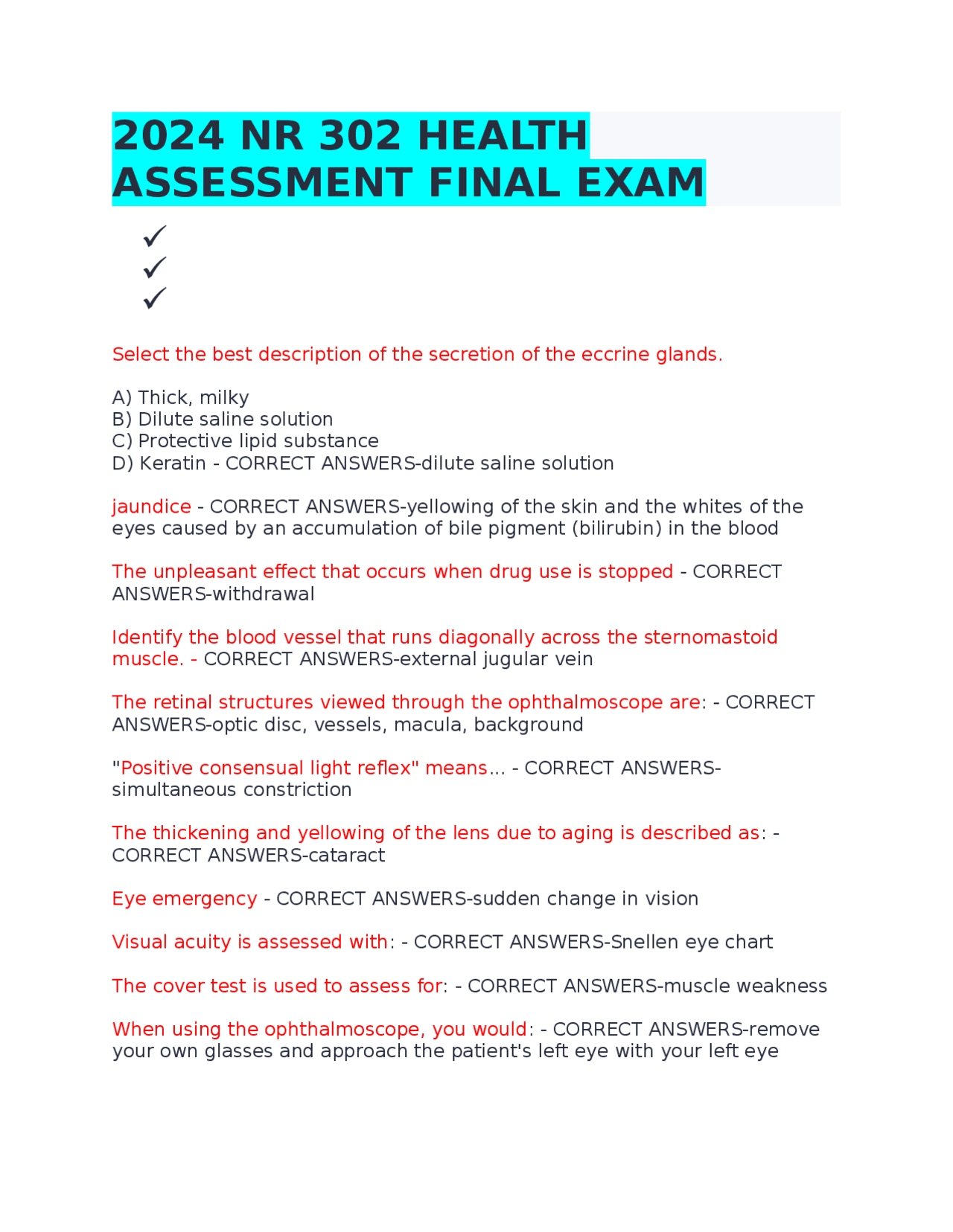 2024 NR 302 HEALTH ASSESSMENT FINAL EXAM | Exams Advanced Education | Docsity