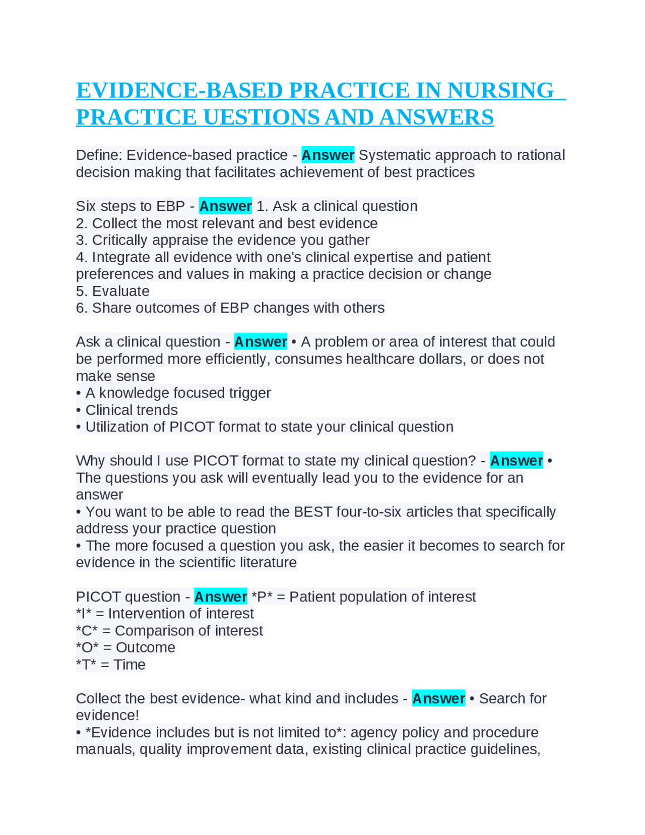 Evidence-Based Practice in Nursing: Questions and Answers | Exams ...