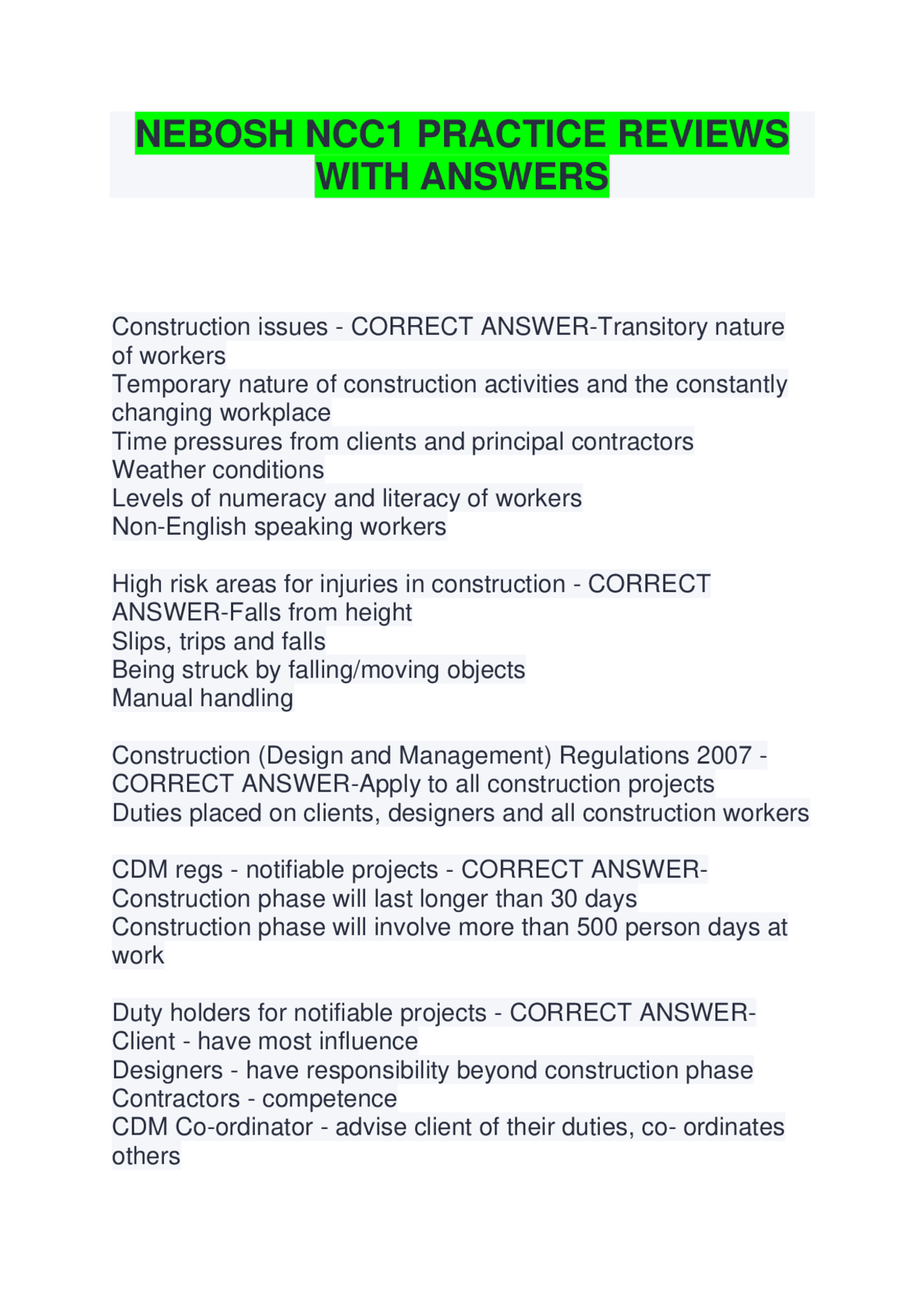 NEBOSH NCC1 Practice Reviews with Answers: Construction Health and ...