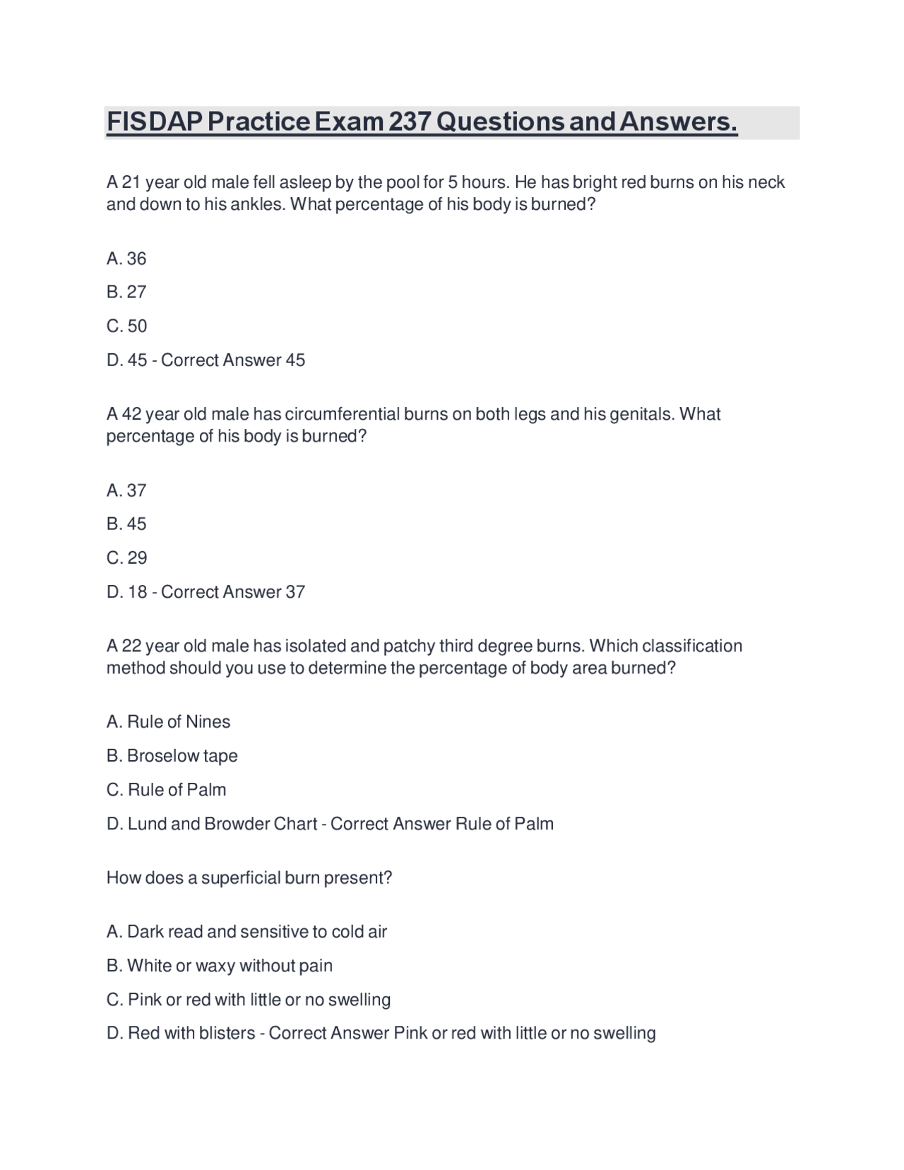 FISDAP Practice Exam: Burn Assessment and Trauma Management | Exams ...
