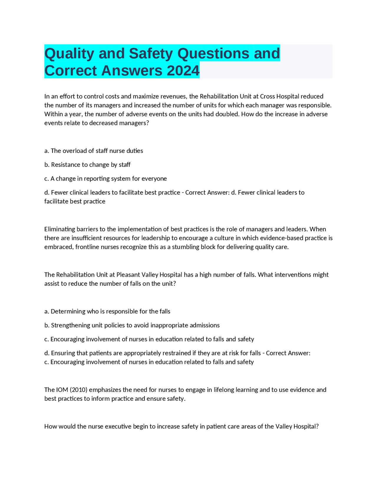 Quality and Safety in Healthcare: Multiple Choice Questions and Answers ...