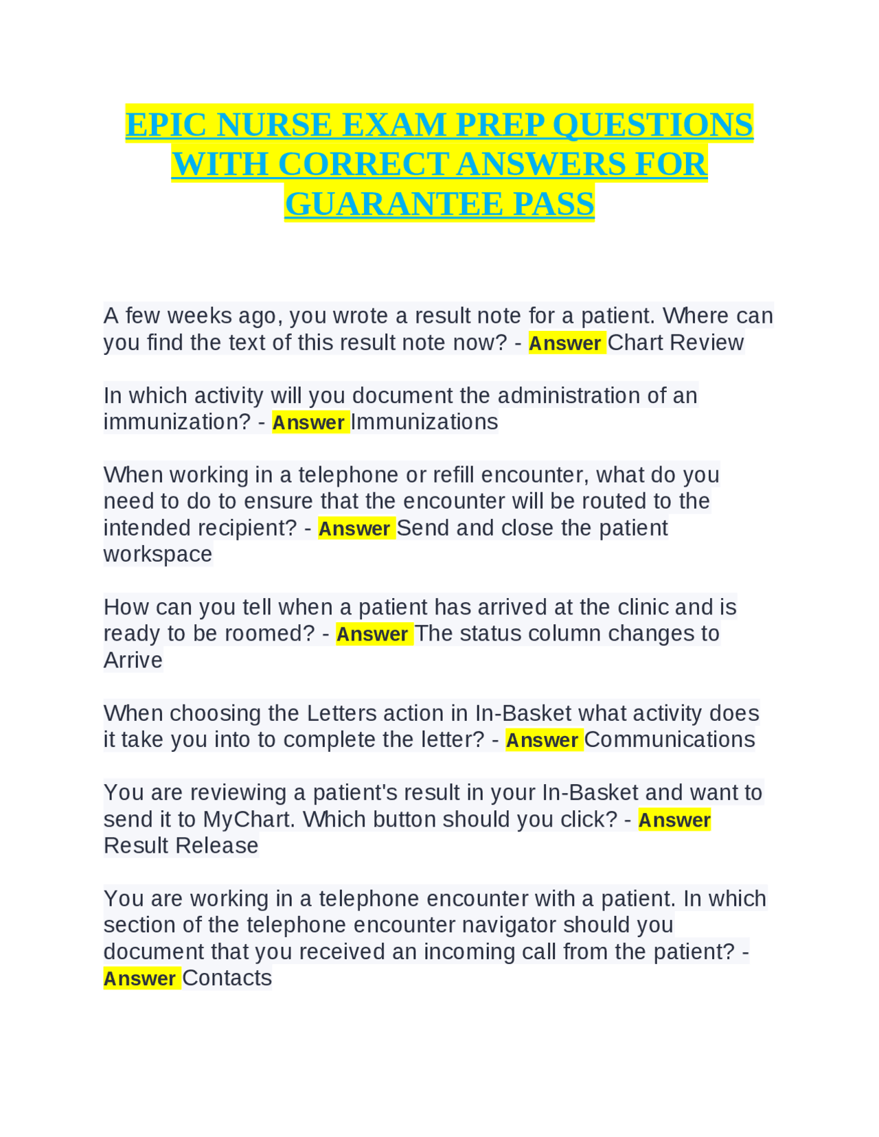 Epic Nurse Exam Prep Questions with Correct Answers for Guarantee Pass ...