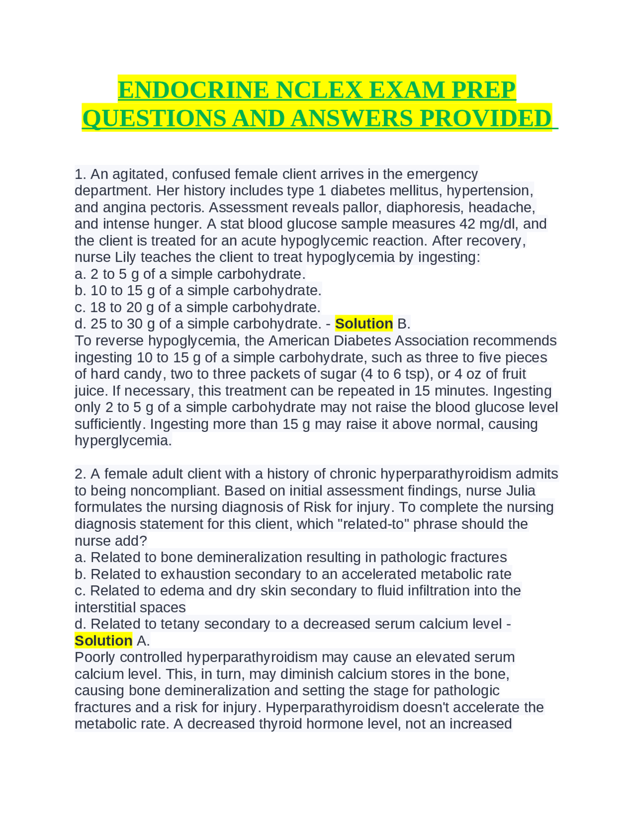 Endocrine NCLEX Exam Prep: Questions and Answers | Exams Nursing | Docsity