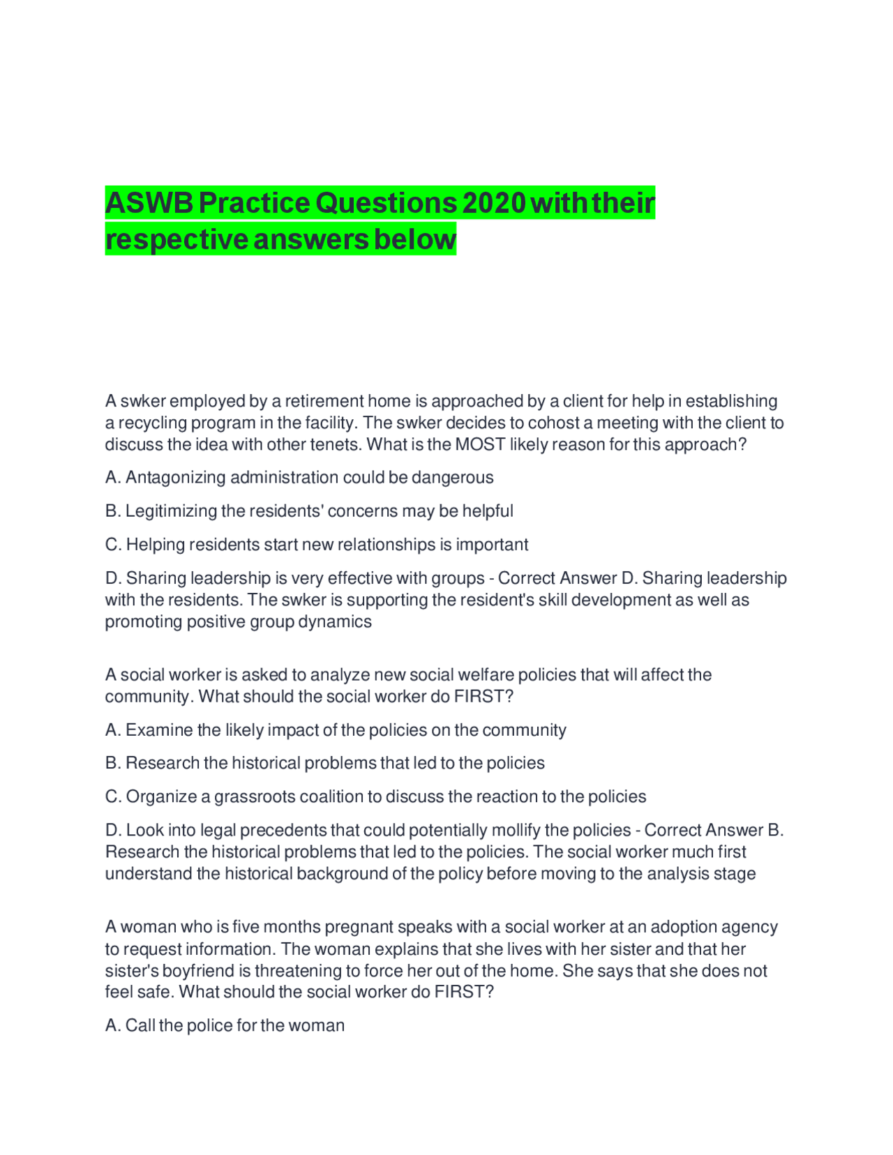 ASWB Practice Questions 2020: Social Work Ethics and Practice Scenarios ...