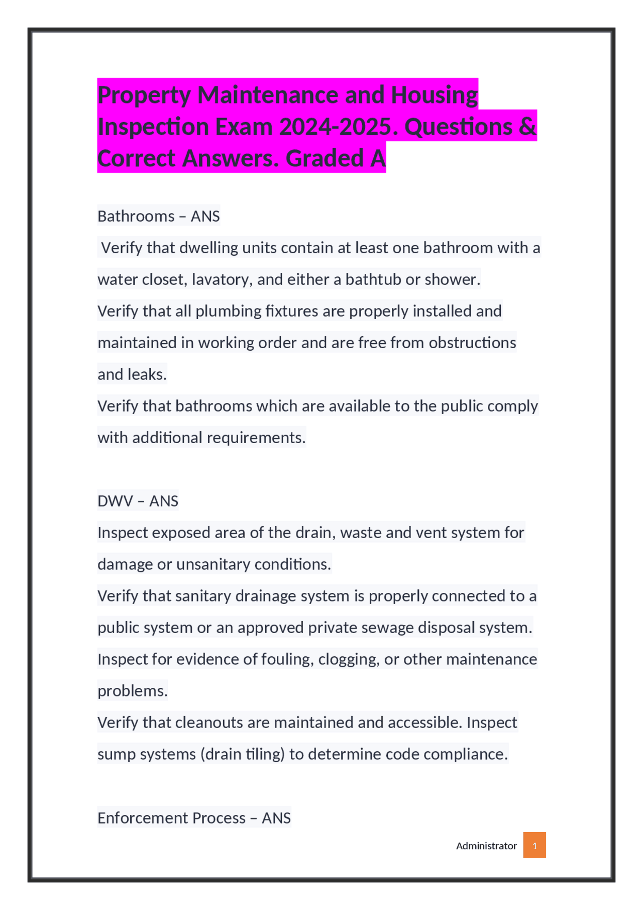Property Maintenance and Housing Inspection Exam: Questions and Answers ...