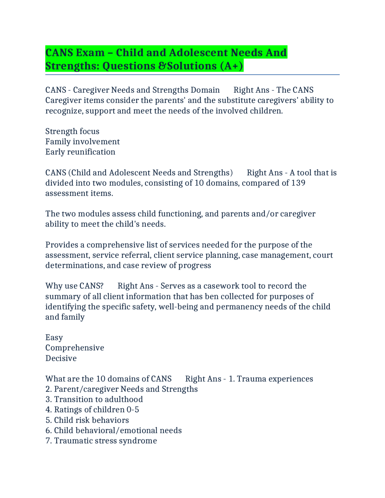 CANS Exam: Child and Adolescent Needs and Strengths - Questions and ...