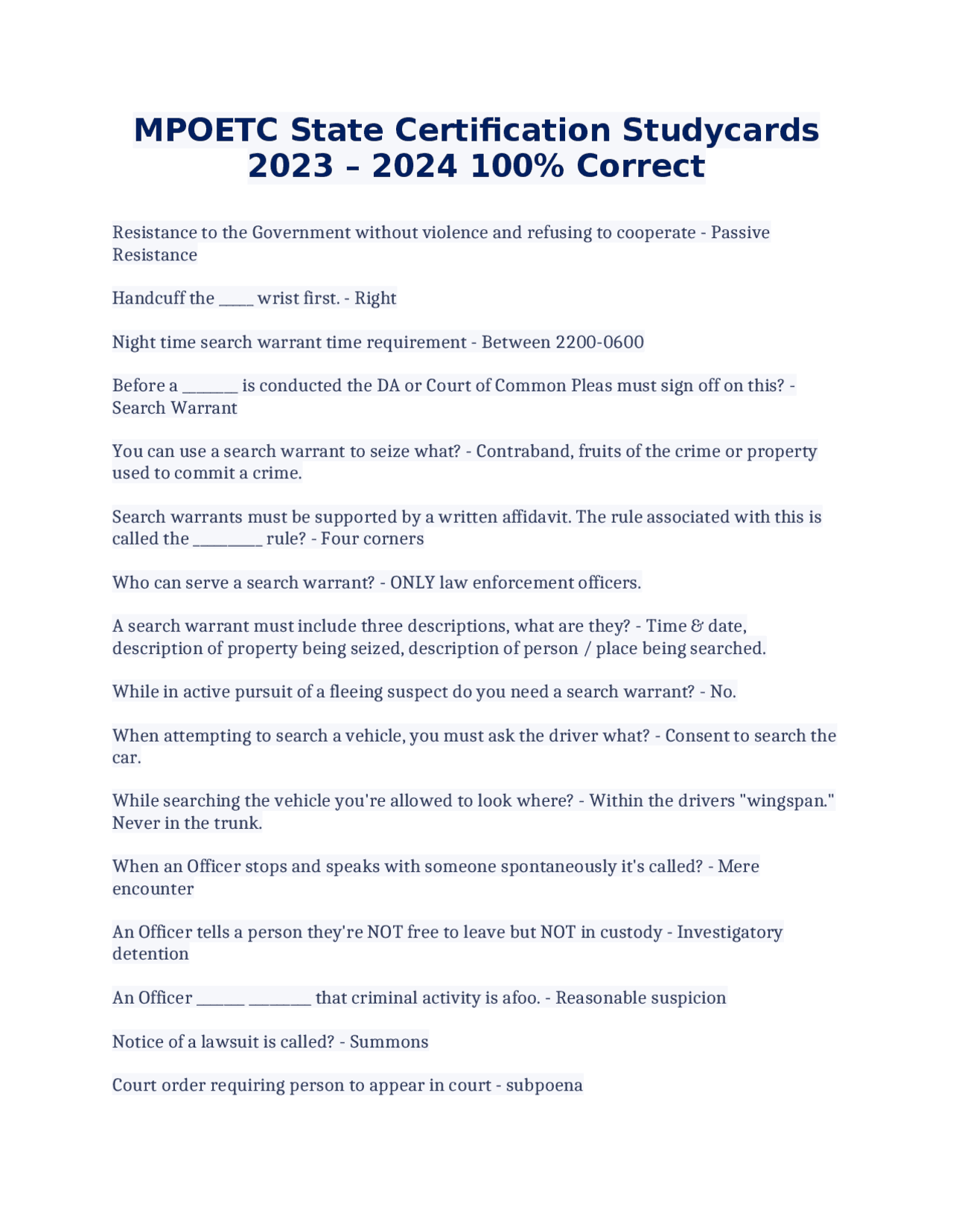 MPOETC State Certification Studycards: Key Concepts and Legal ...