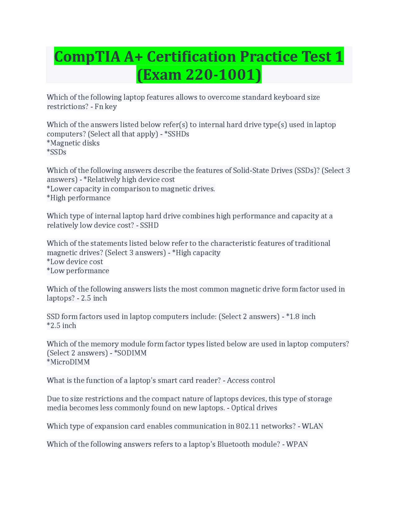 CompTIA A+ Certification Practice Test 1 (Exam 220-1001) | Exams ...