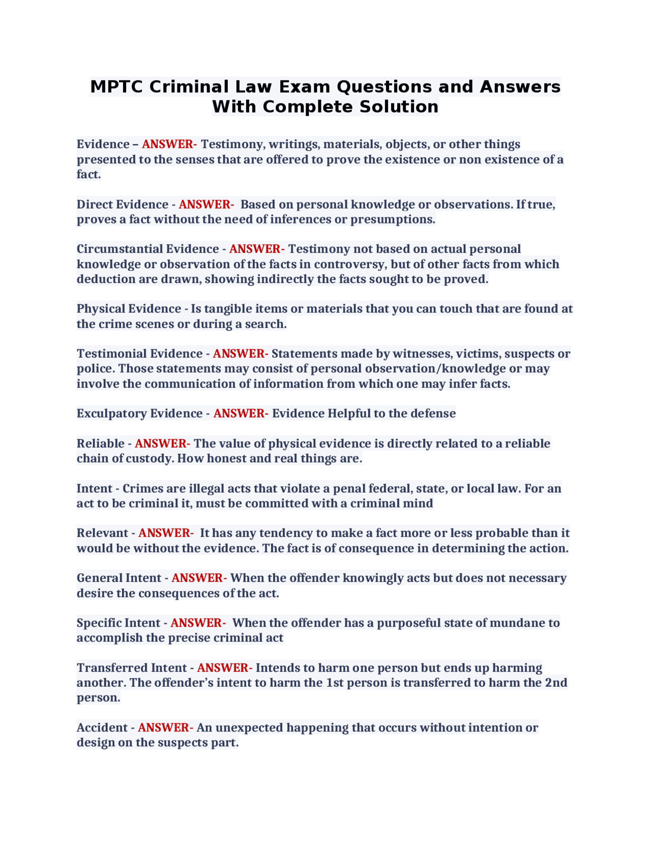 MPTC Criminal Law Exam Questions and Answers | Exams Criminal Law | Docsity
