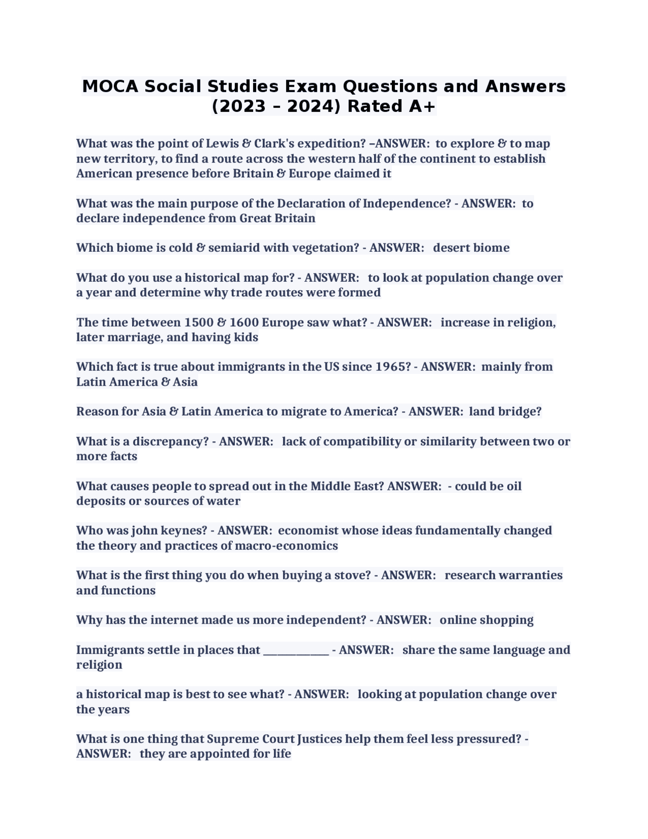 MOCA Social Studies Exam Questions and Answers (2023 – 2024) Rated A+ ...