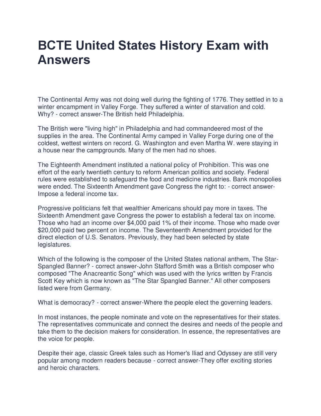 United States History Exam with Answers | Exams Advanced Education ...