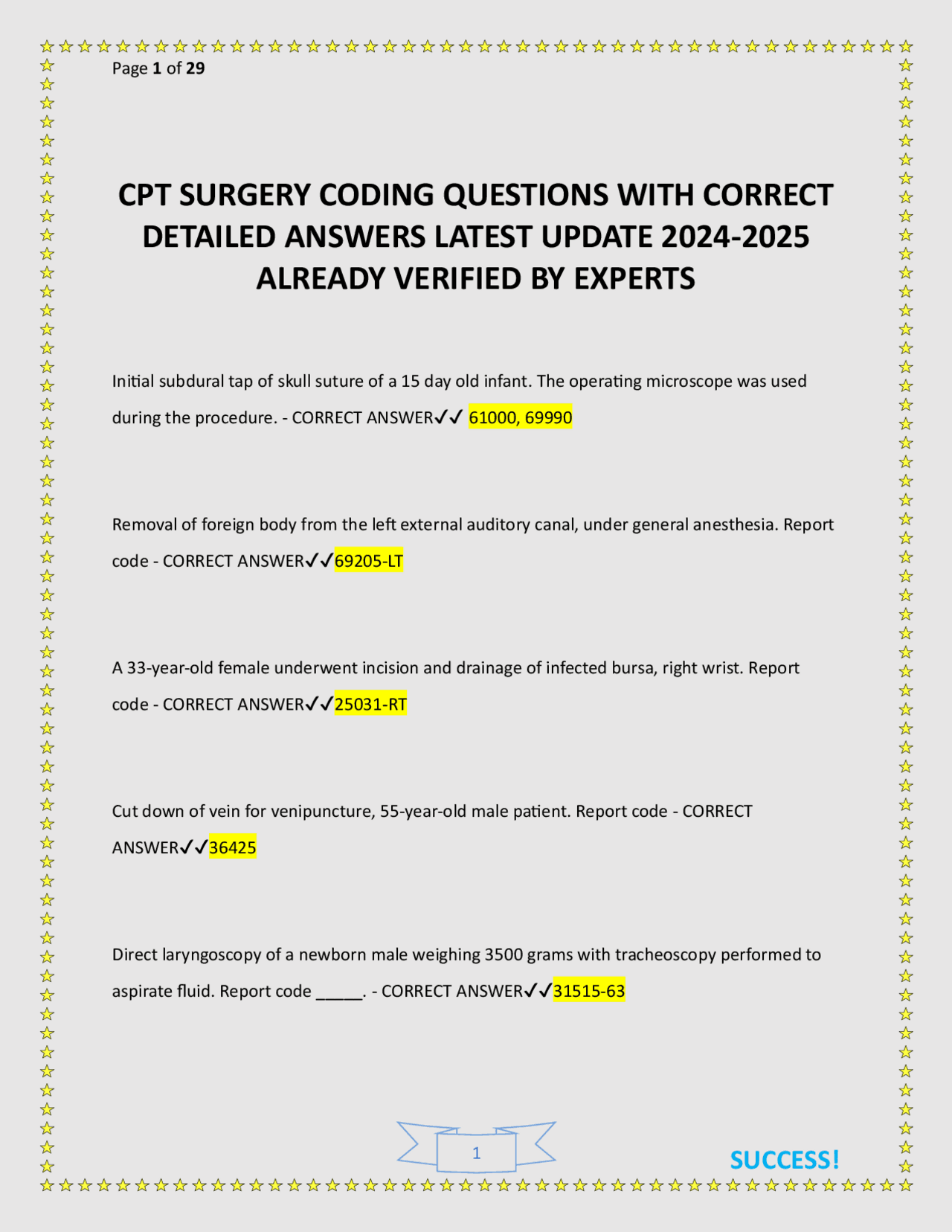 CPT Surgery Coding Questions and Answers: Latest Update 2024-2025 ...