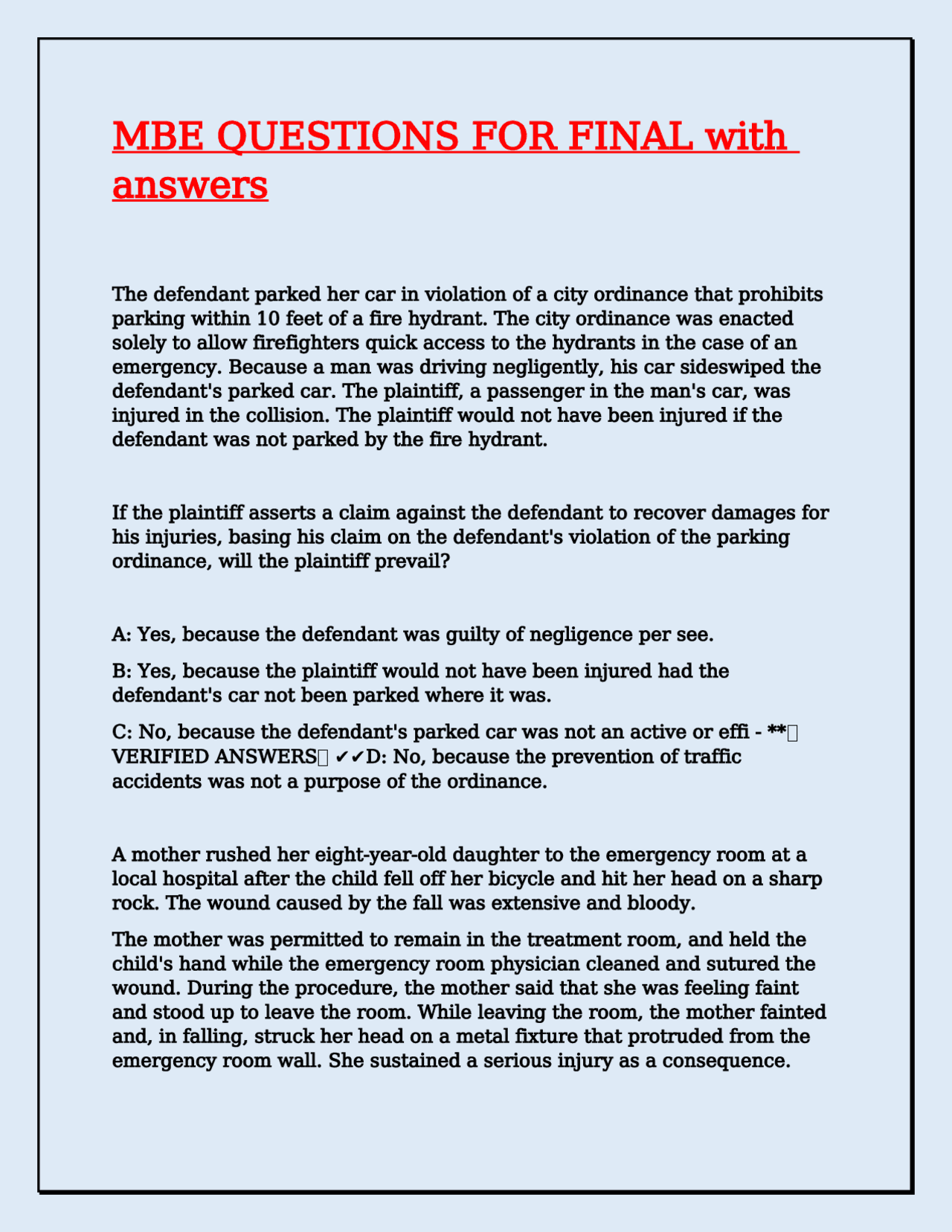 MBE Questions for Final Exam: Torts and Constitutional Law | Exams Law ...