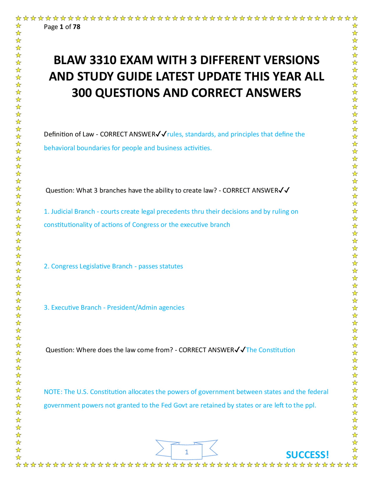BLAW 3310 Exam Study Guide: 300 Questions and Answers | Exams Nursing | Docsity