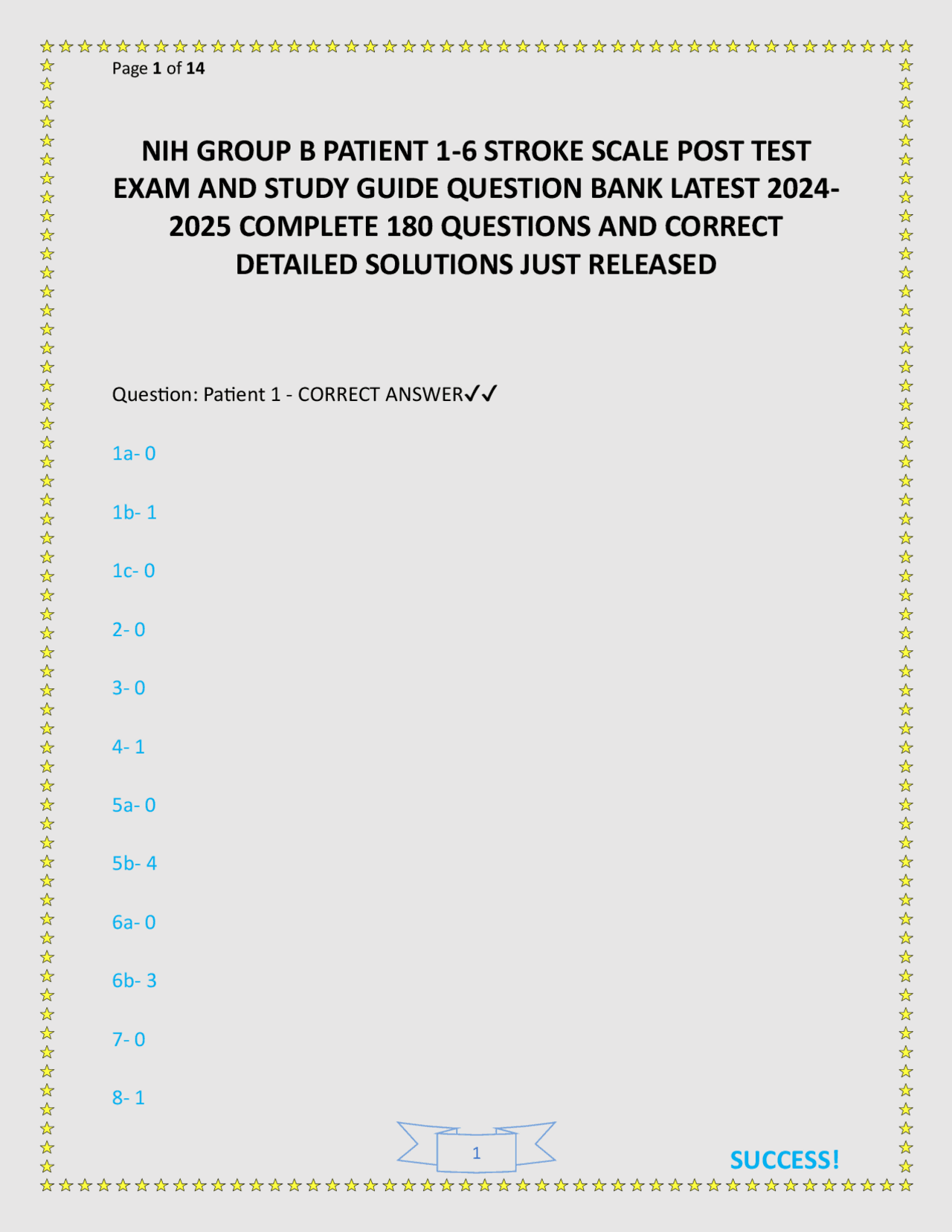 NIH GROUP B PATIENT 1-6 STROKE SCALE POST TEST EXAM AND STUDY GUIDE ...