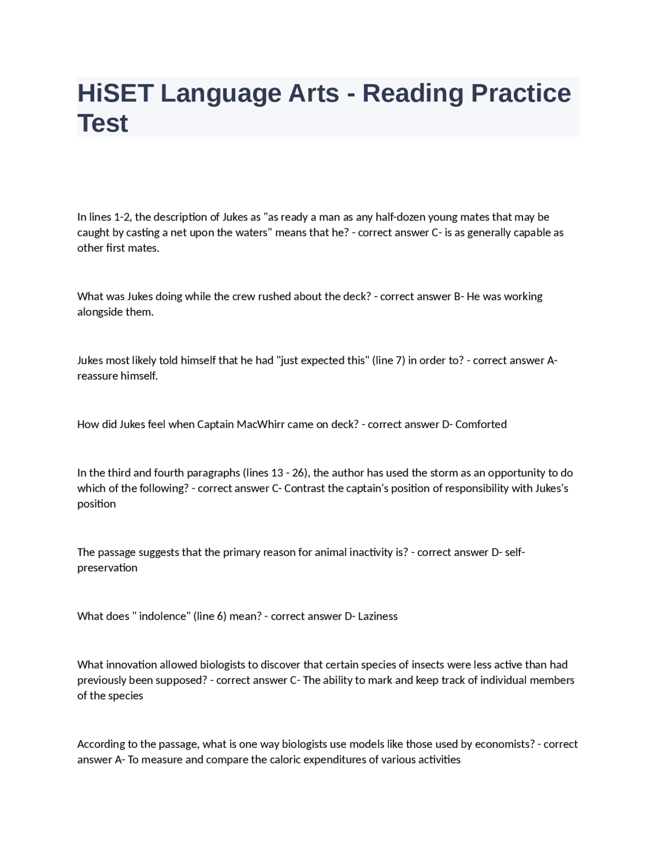 HiSET Language Arts - Reading Practice Test | Exams Nursing | Docsity