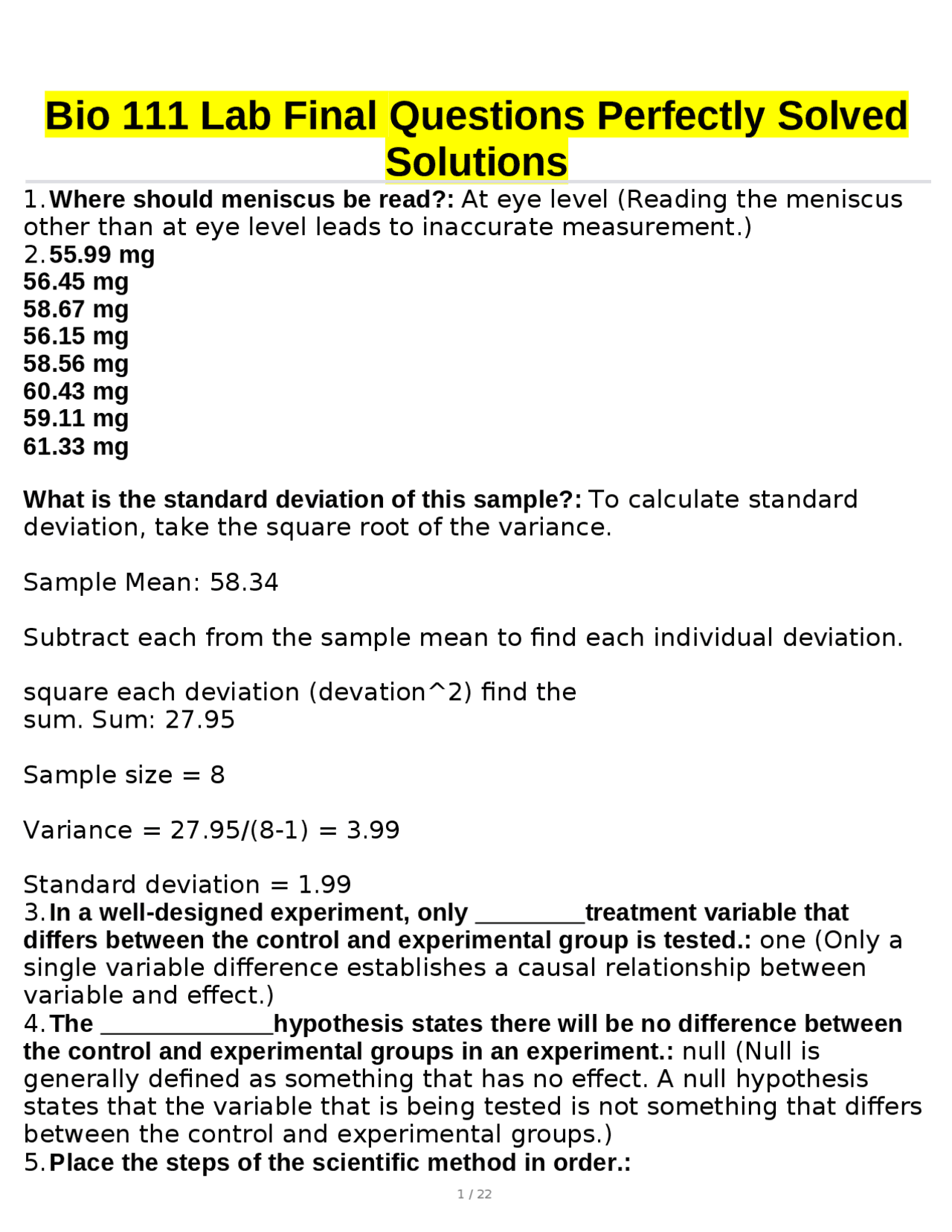 Bio 111 Lab Final Questions: Solved Exercises and Explanations | Exams ...
