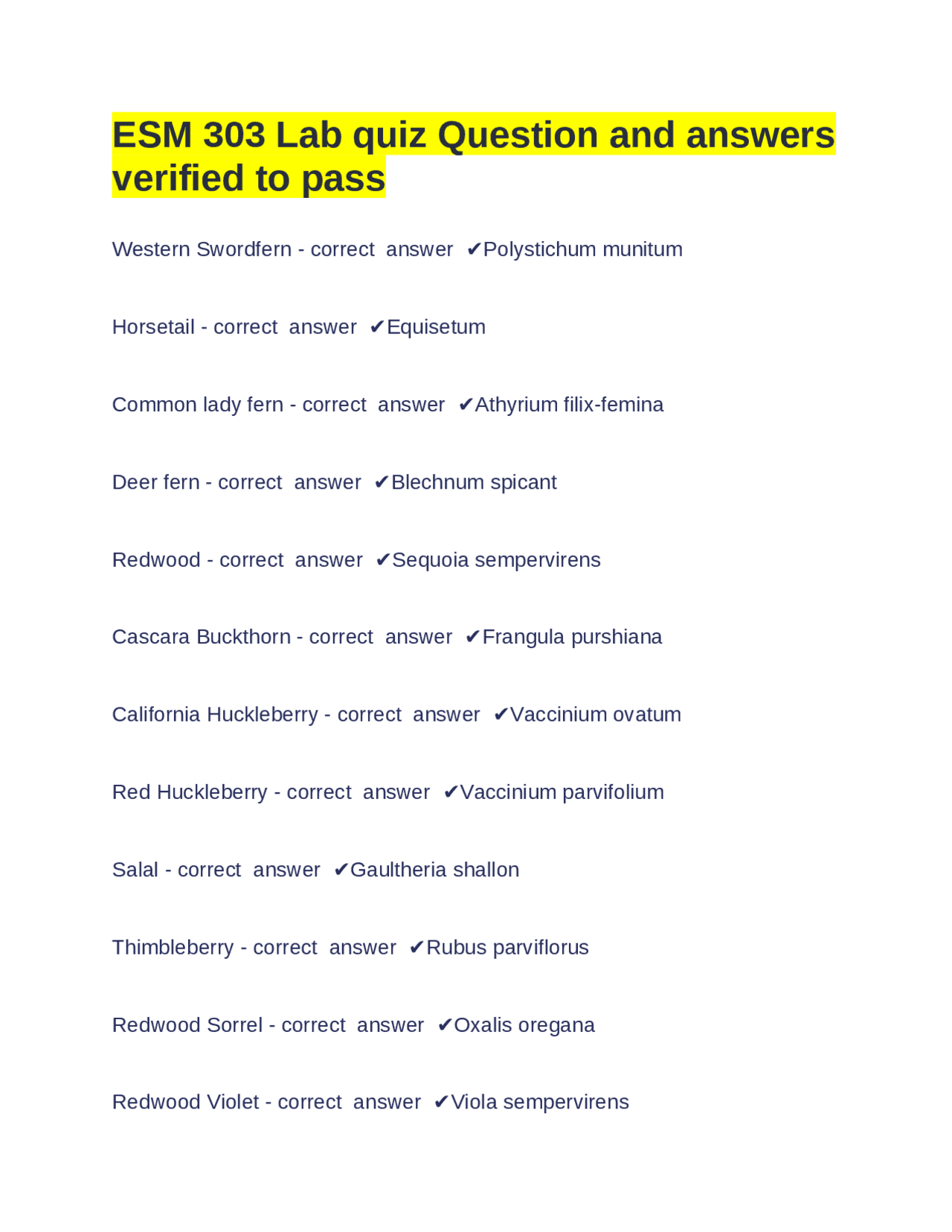 ESM 303 Lab Quiz: Plant and Animal Identification | Exams Nursing | Docsity