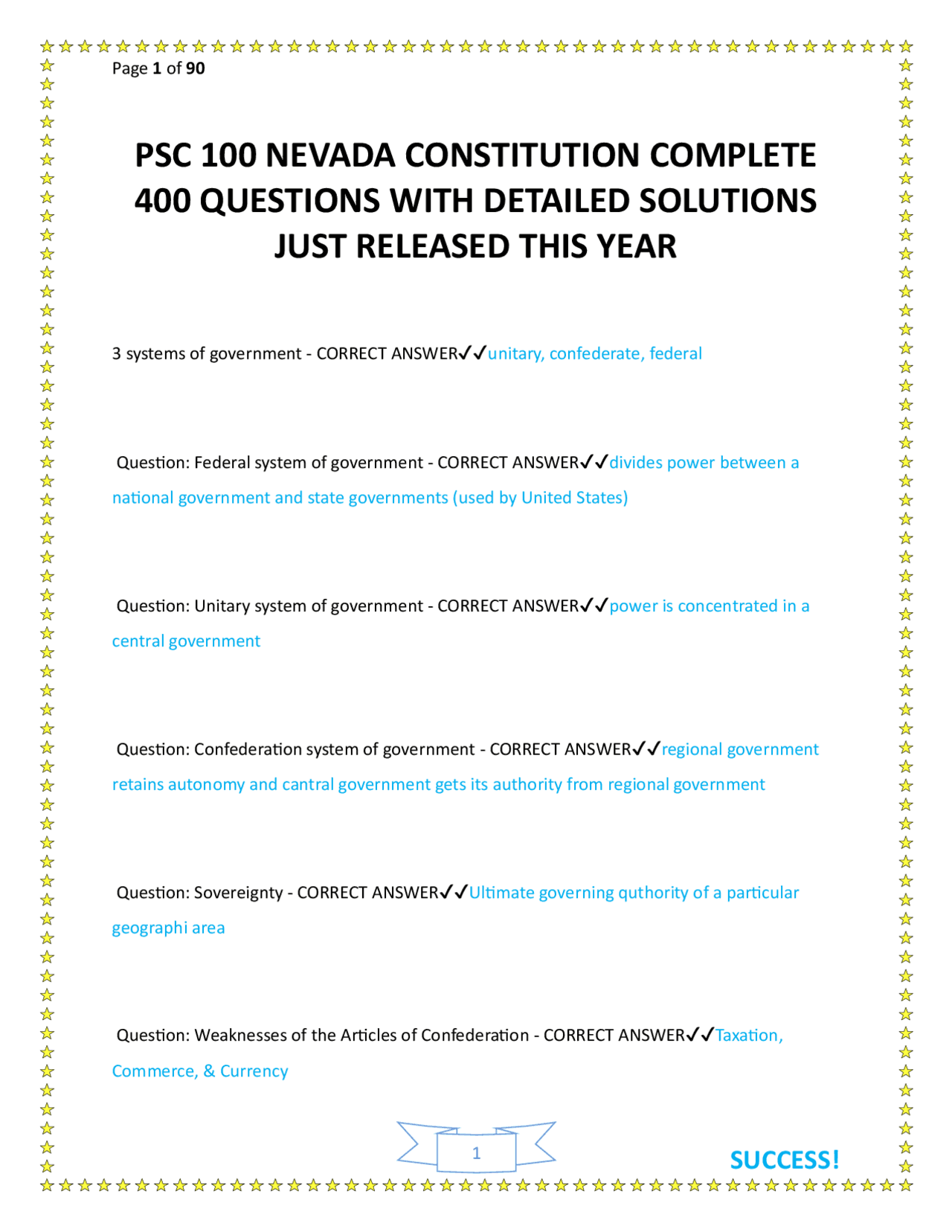 Nevada Constitution: 400 Questions and Answers | Exams Nursing | Docsity