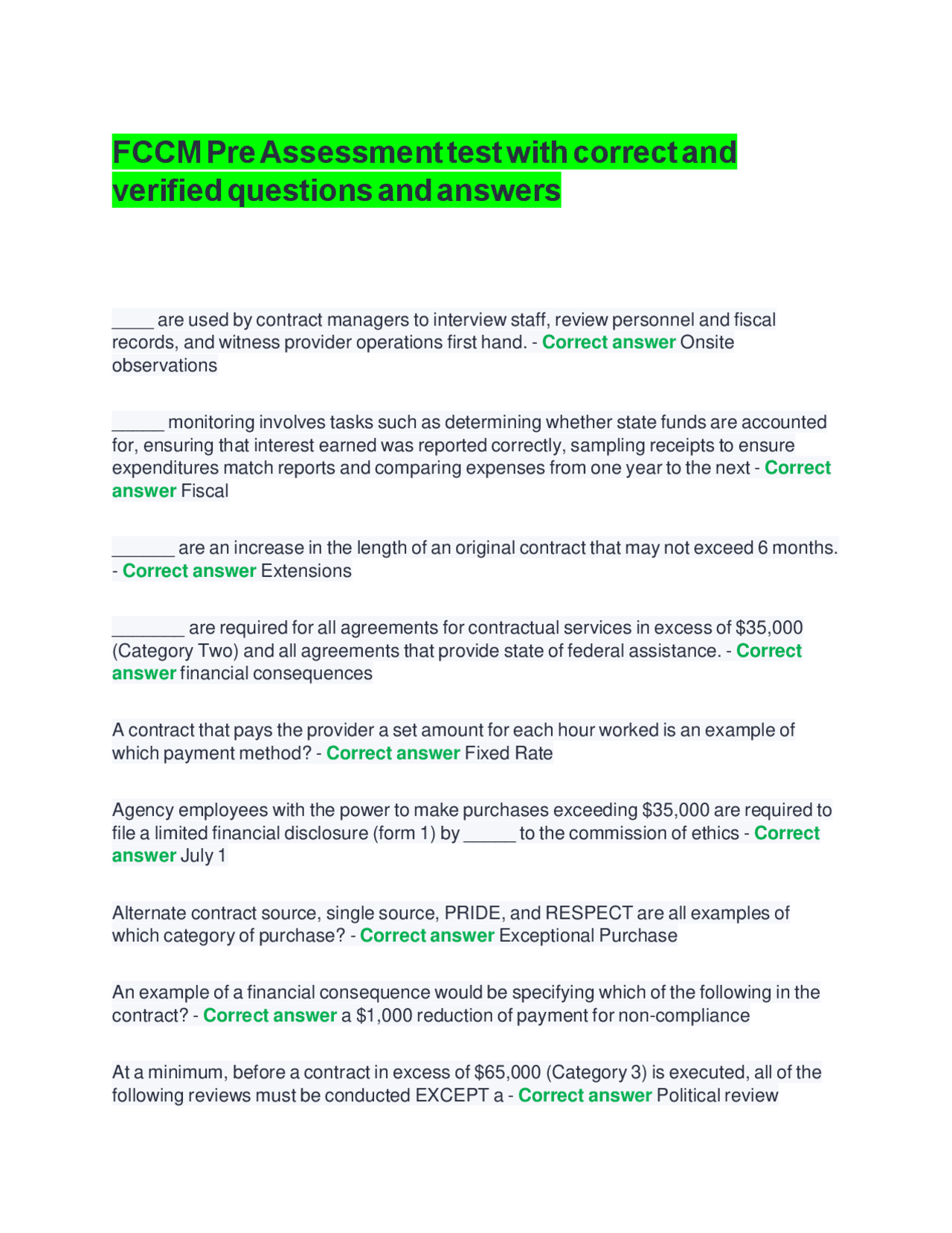 FCCM Pre Assessment test with correct and verified questions and ...