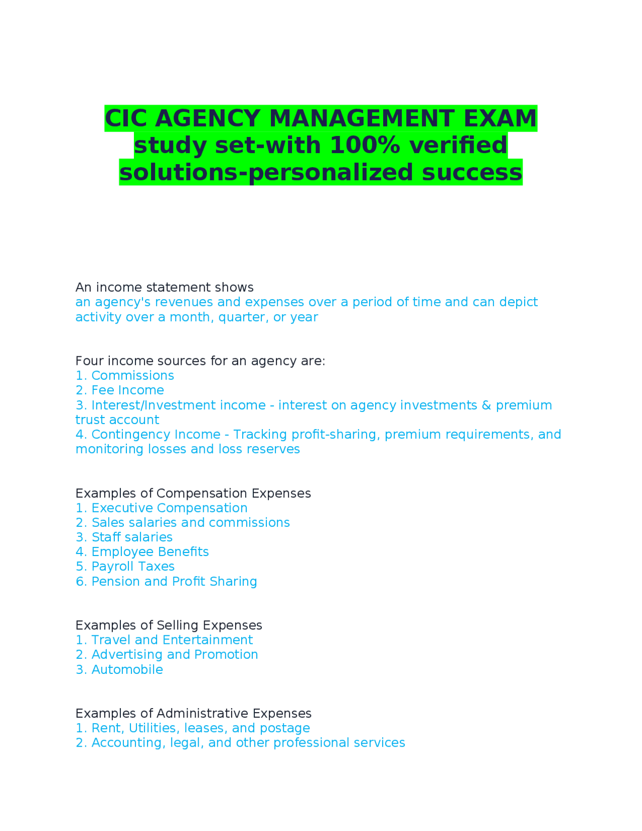 CIC AGENCY MANAGEMENT EXAM study set-with 100% verified solutions ...