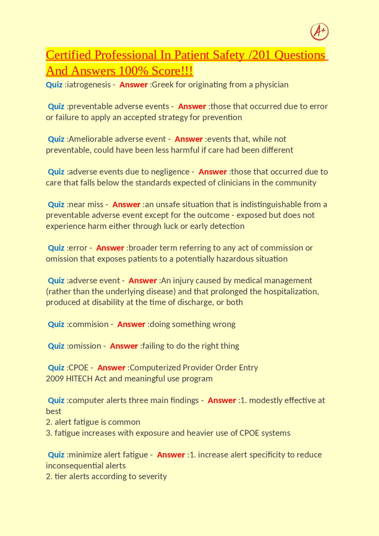 Certified Professional In Patient Safety: 200 Questions and Answers | Exams Public Health | Docsity